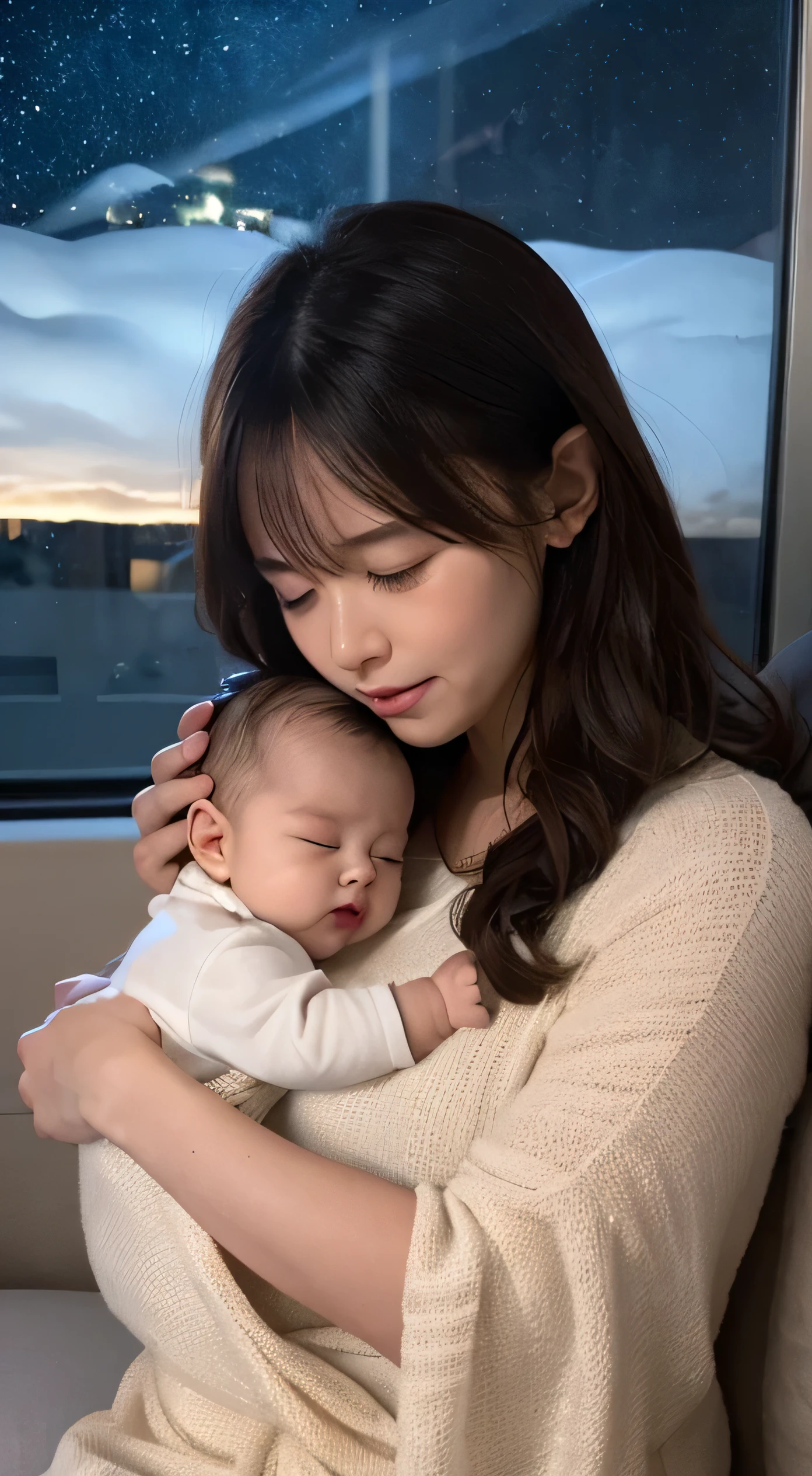 Araffe woman holding a baby in her arms while sitting on a couch ...