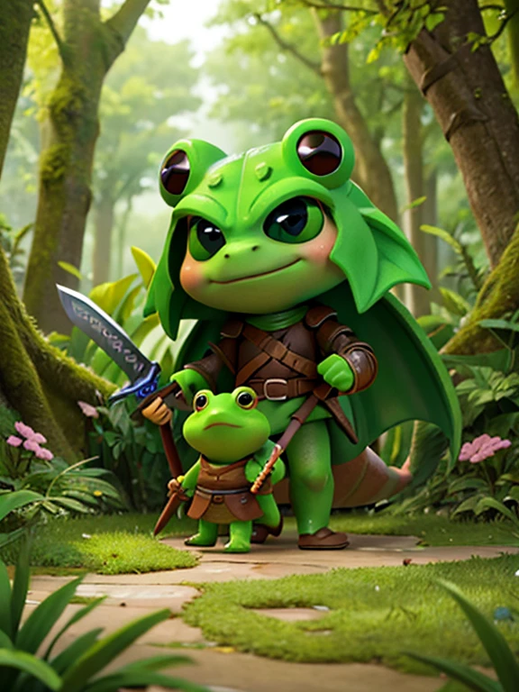 Little humanoid frog warrior cute face big eyes with medieval armor and ...
