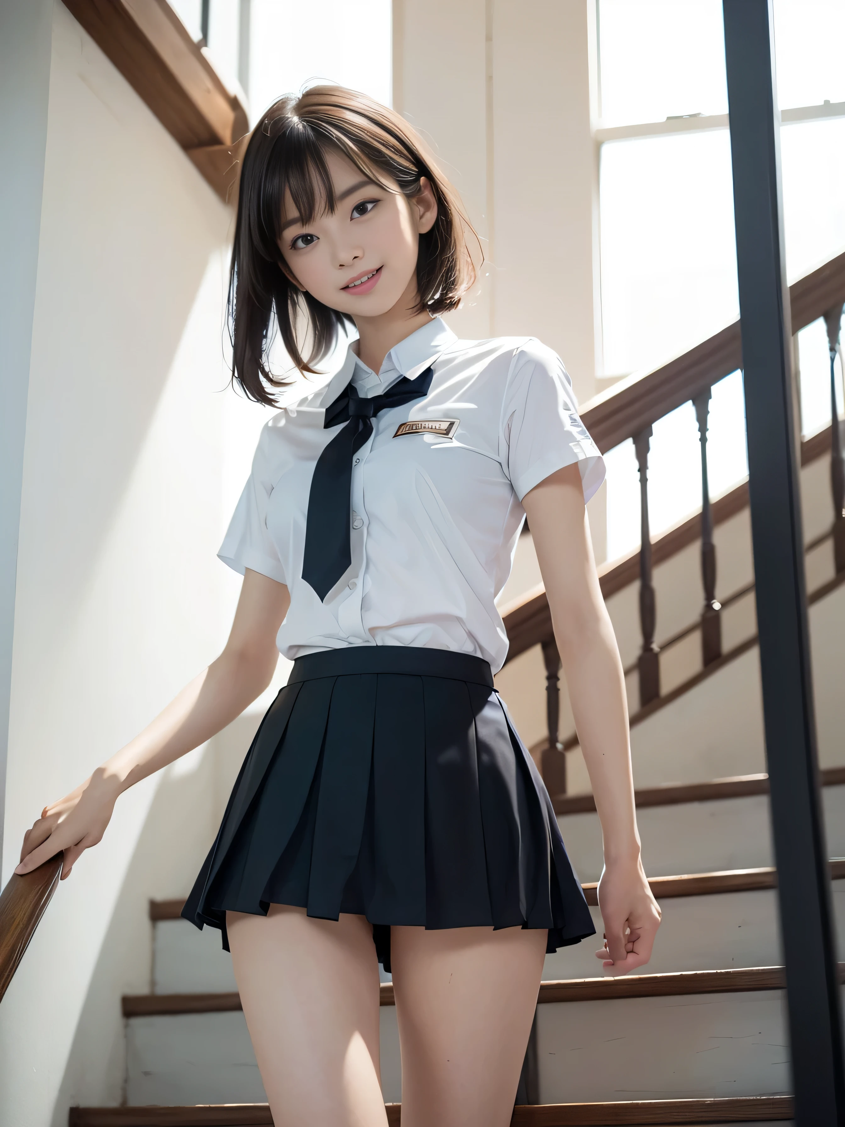 A close up of a woman in a skirt and shirt posing on a stair - SeaArt AI