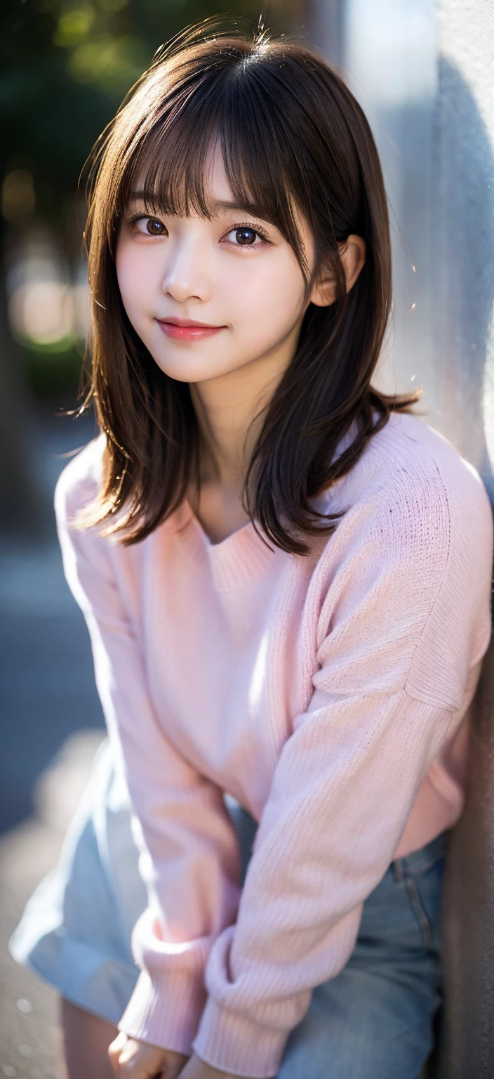 Spread legs, Shoot from below, Looking at the camera, pink sweater ...