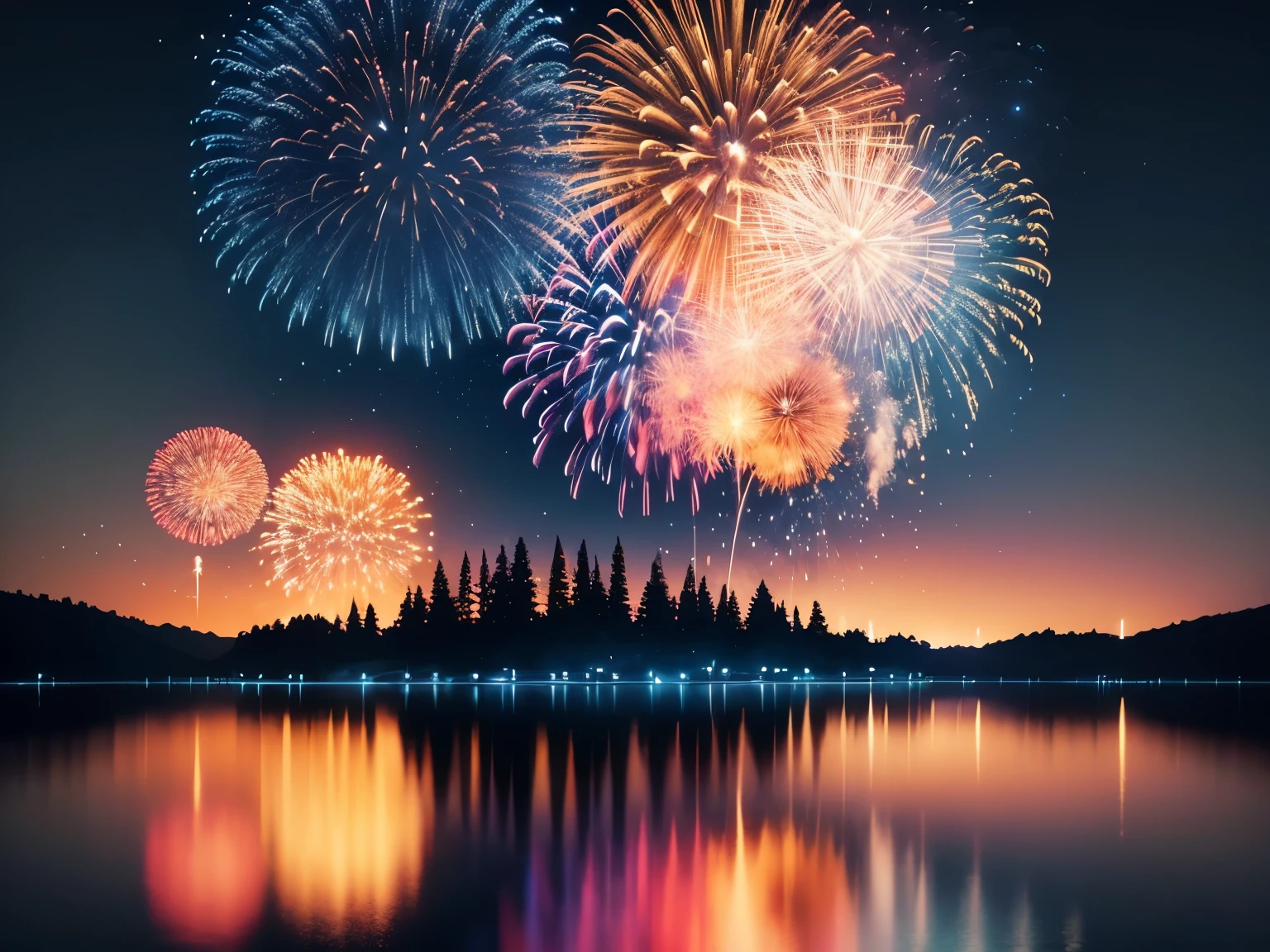 Fireworks in the sky over a lake with trees and water - SeaArt AI