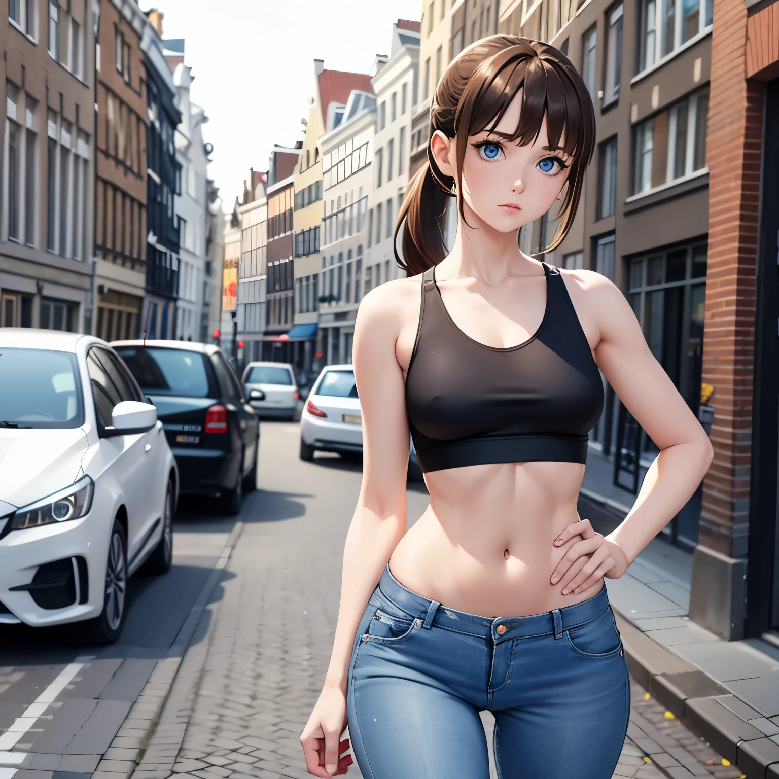 There is a woman in a black top and jeans standing on a street - SeaArt AI
