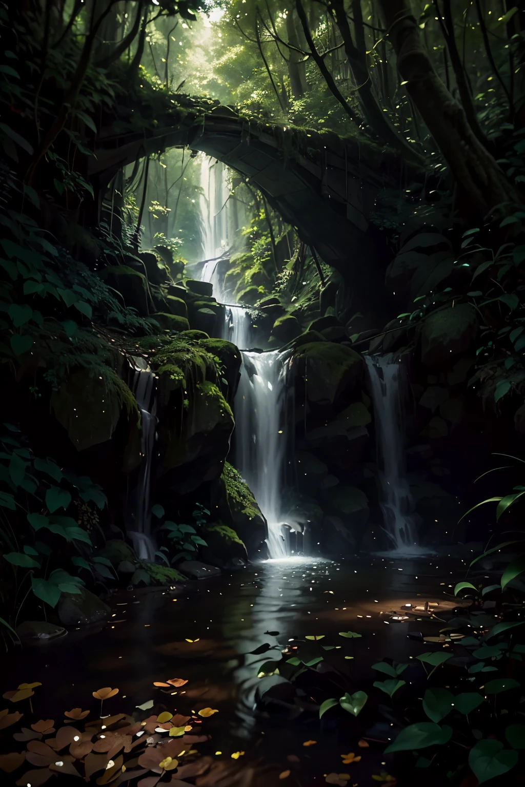 A close up of a waterfall in a forest with a bridge - SeaArt AI