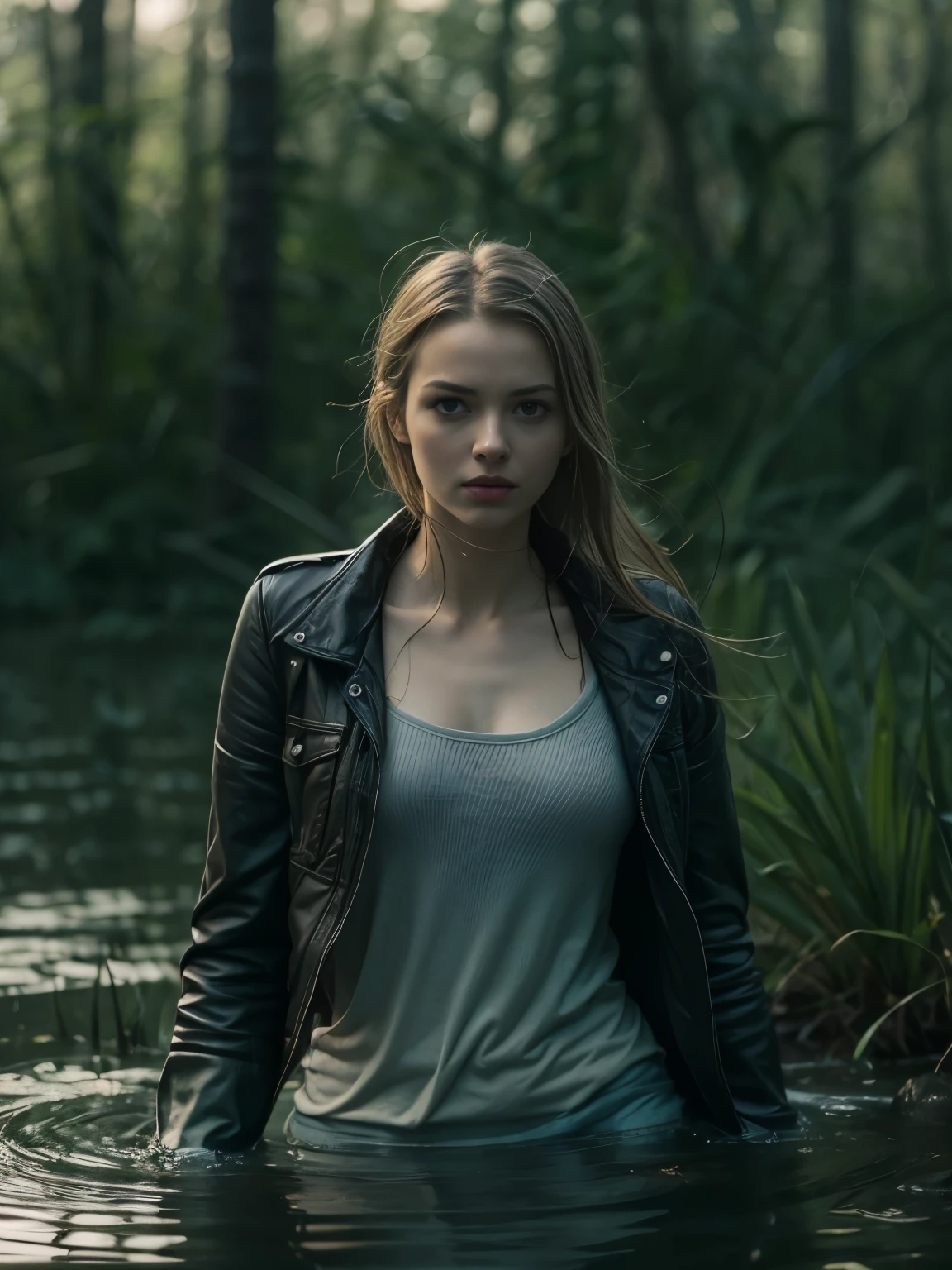 A woman in a river with a leather jacket and a white shirt - SeaArt AI