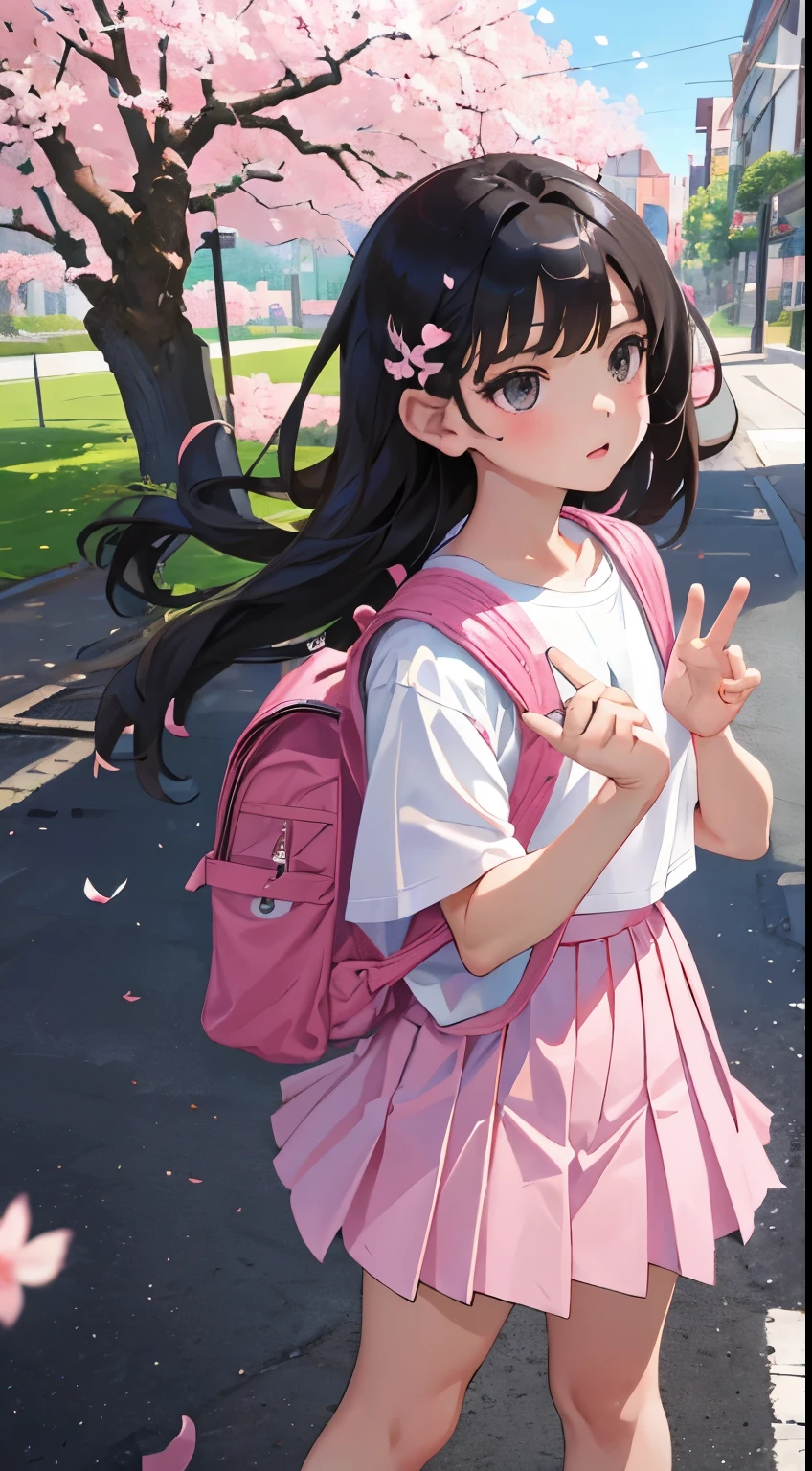 Anime girl with pink backpack and pink flowers in the background ...