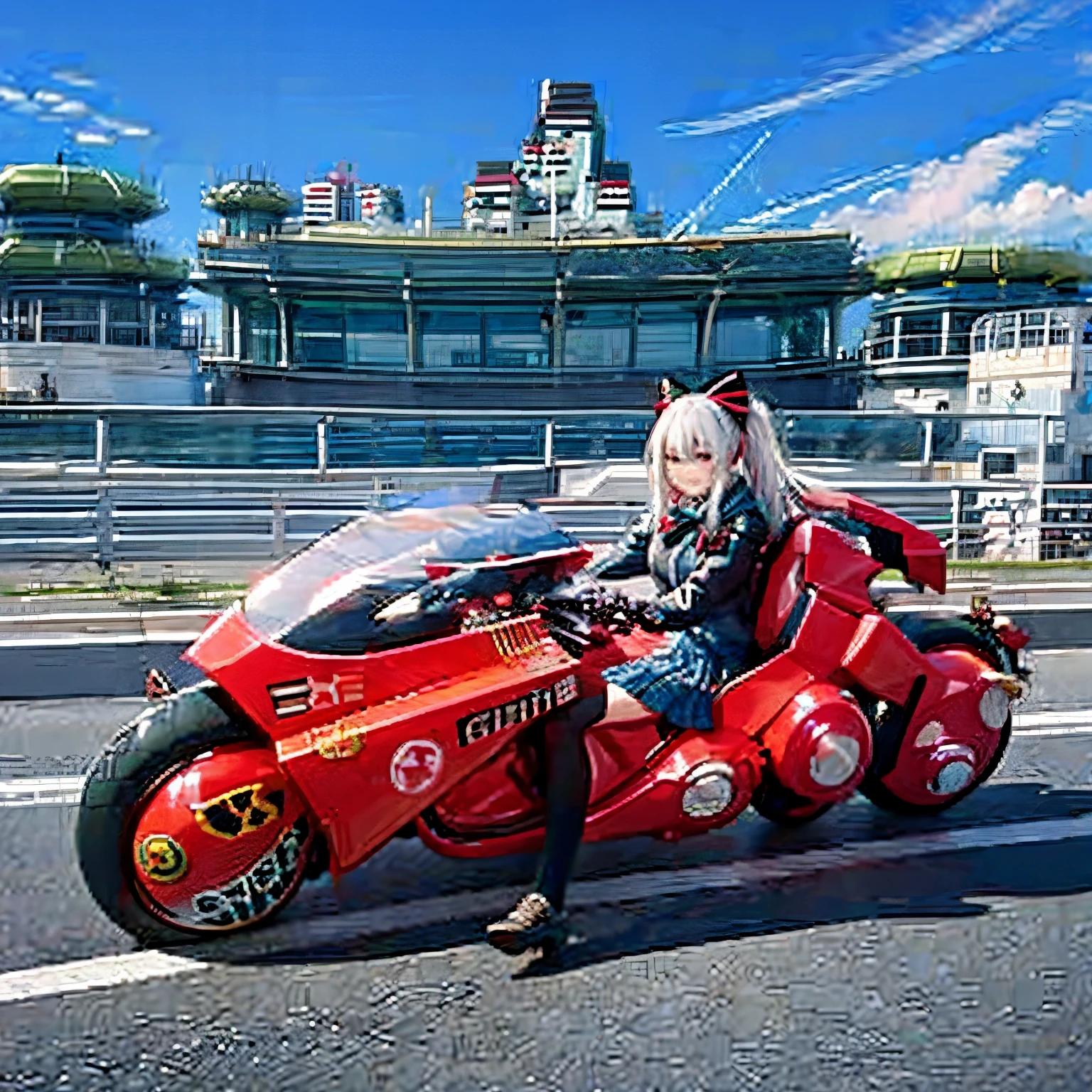 Anime girl sitting on a red motorcycle on the road - SeaArt AI