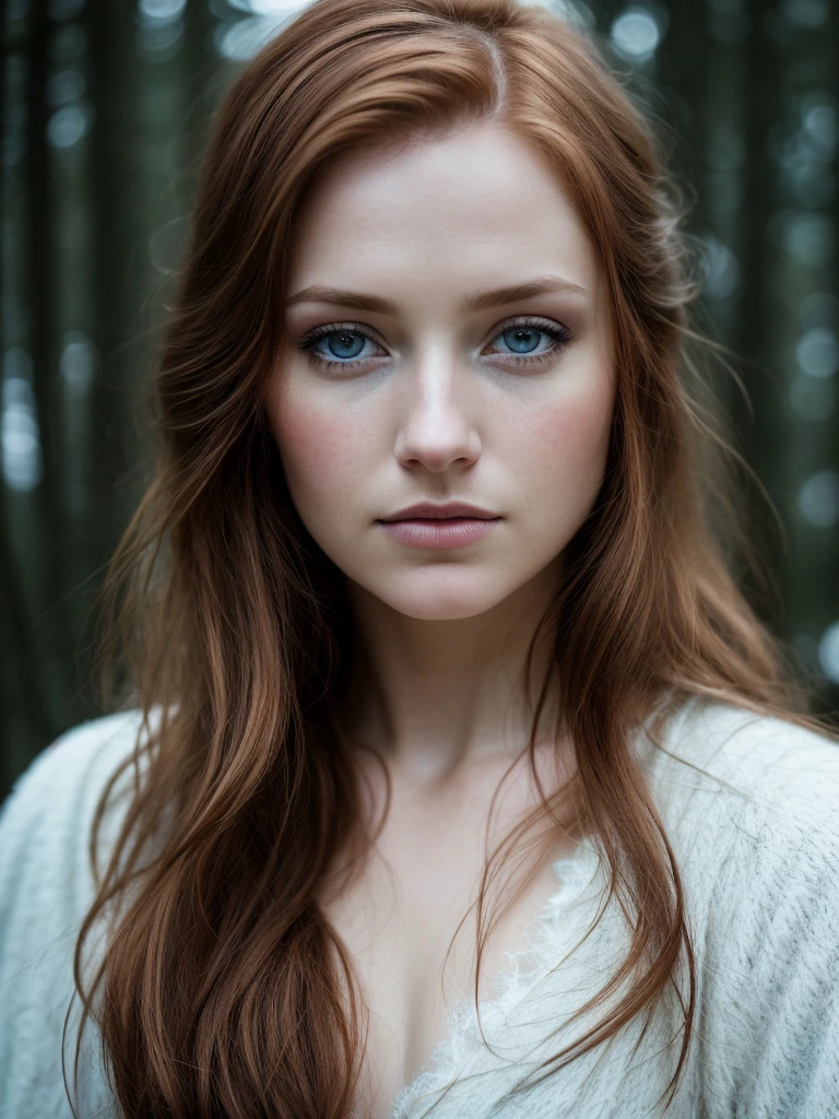 Closeup of a european woman, blue eyes, ginger hair, winter forest - SeaArt AI