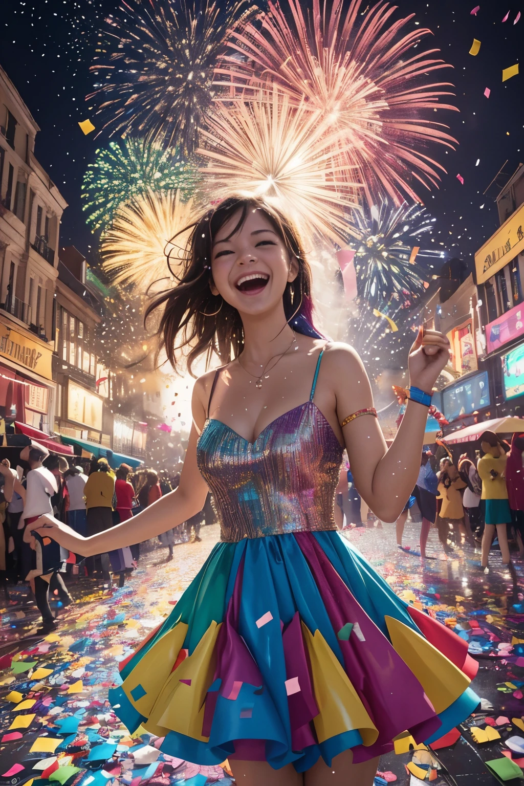 Araffe woman in a colorful dress standing in a street with confetti ...