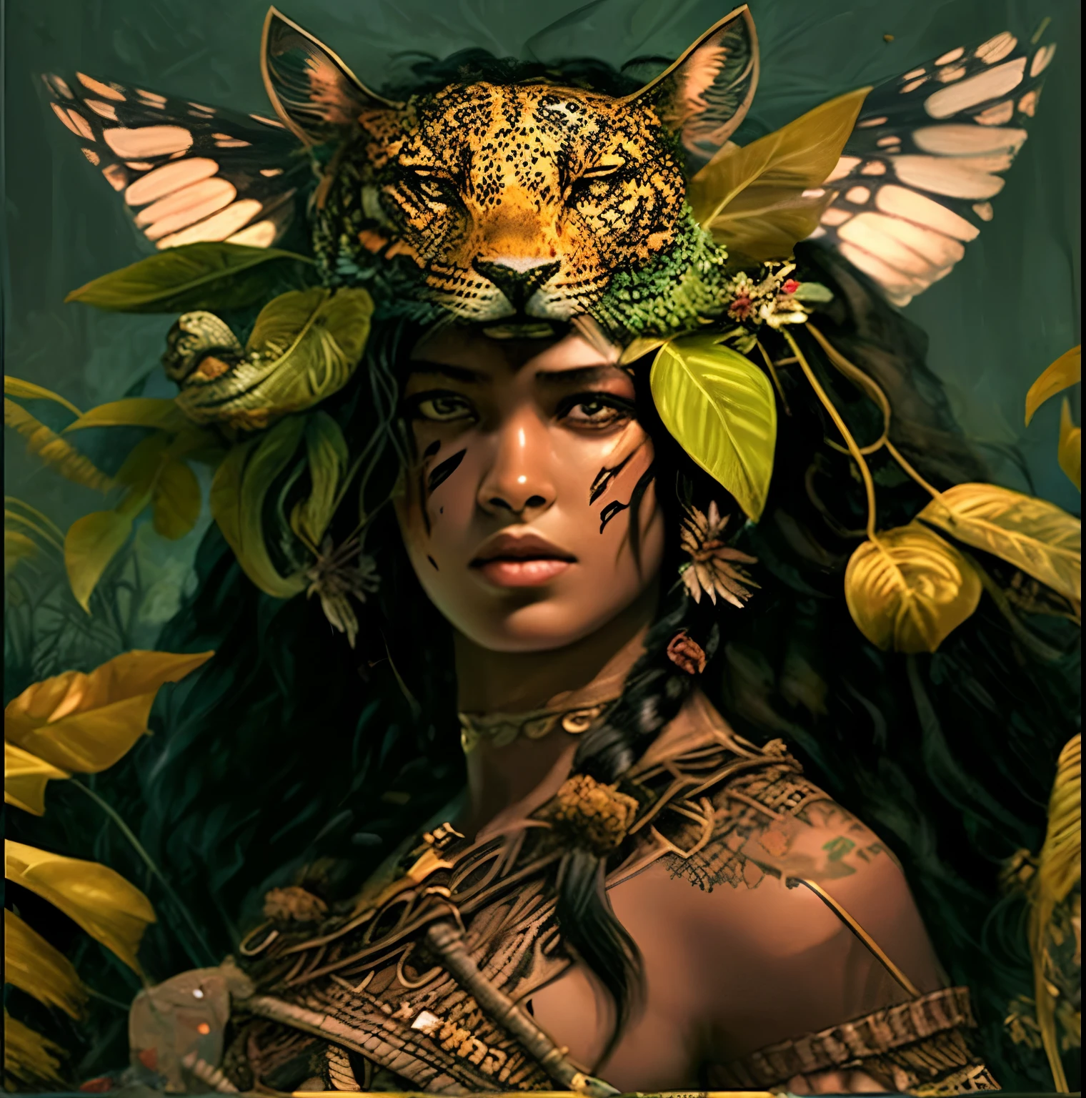 Un primer plano de una mujer con un tocado de leopardo y una mariposa ...