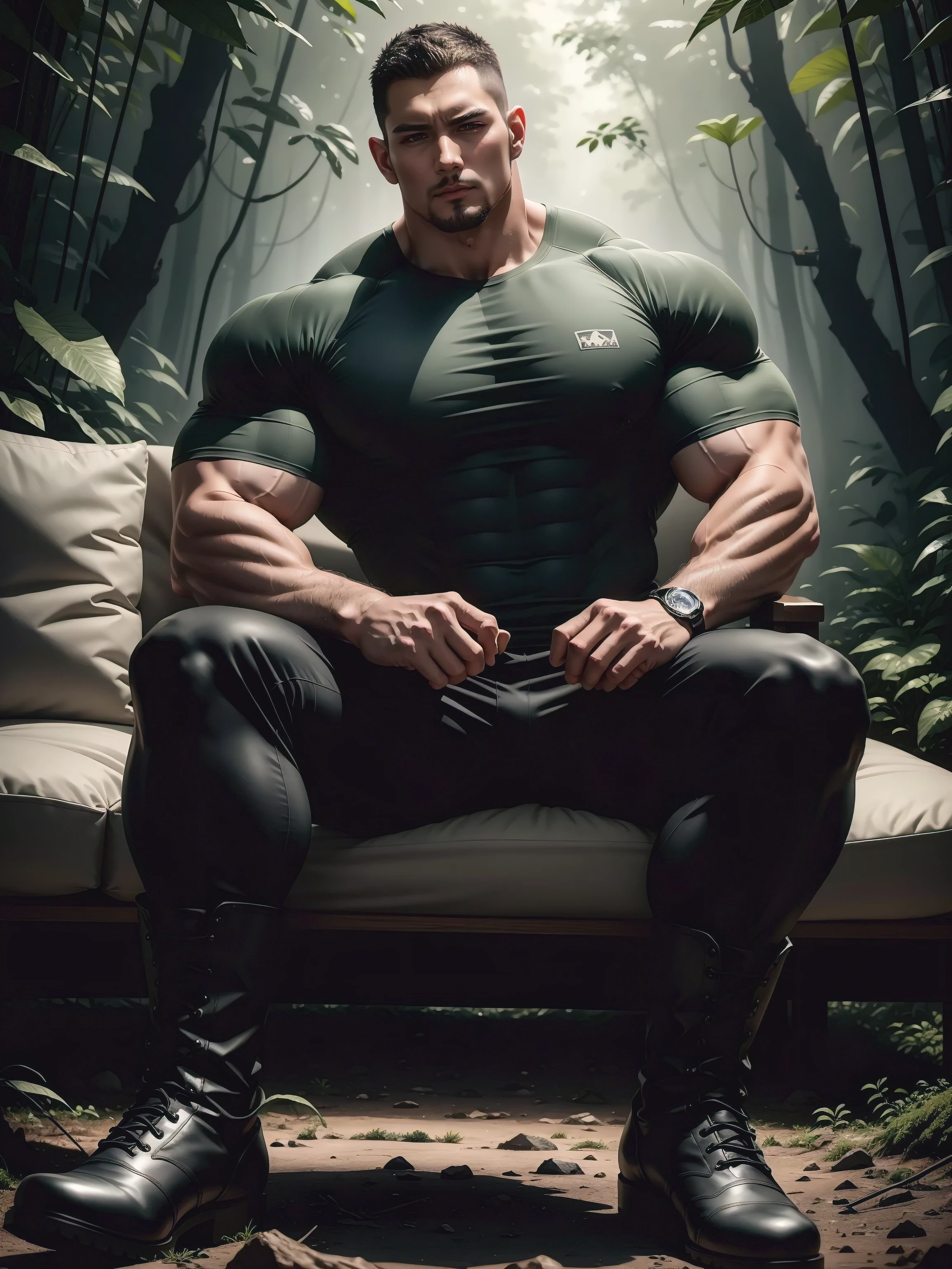 Sitting in the forest，Tall muscular man with angry expression - SeaArt AI