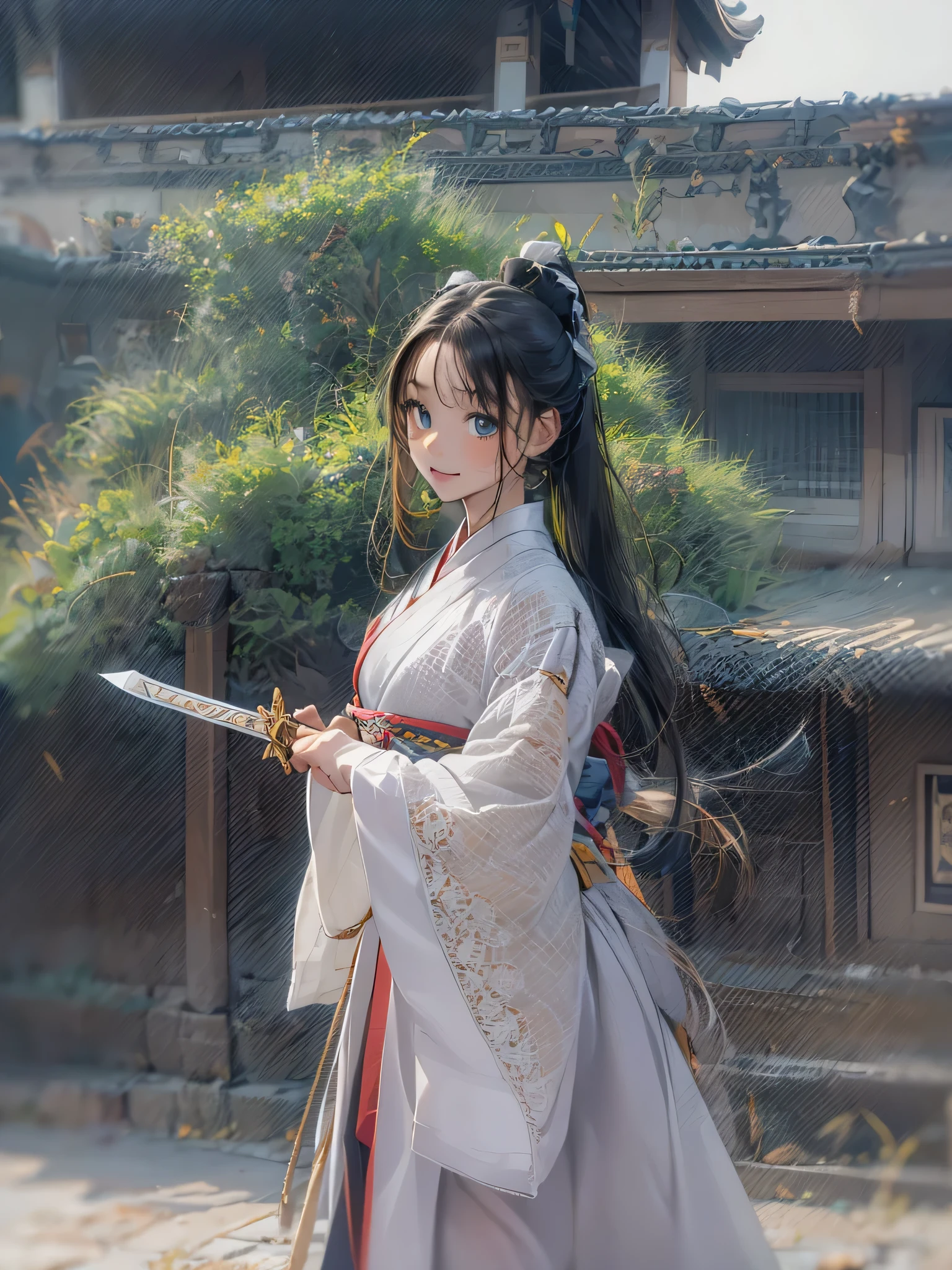 A close up of a woman in a white dress holding a sword - SeaArt AI