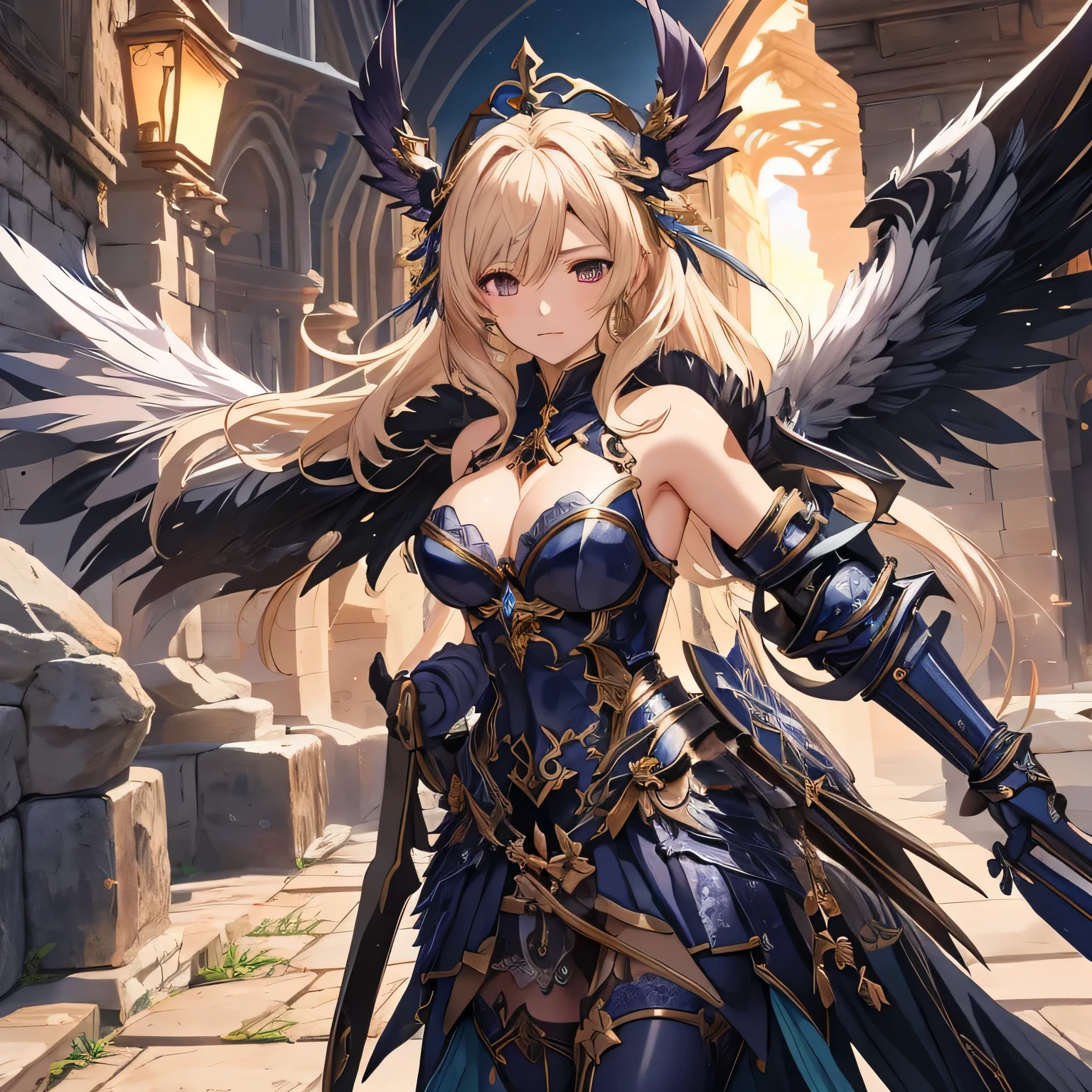 A woman in a blue dress with wings and a sword - SeaArt AI