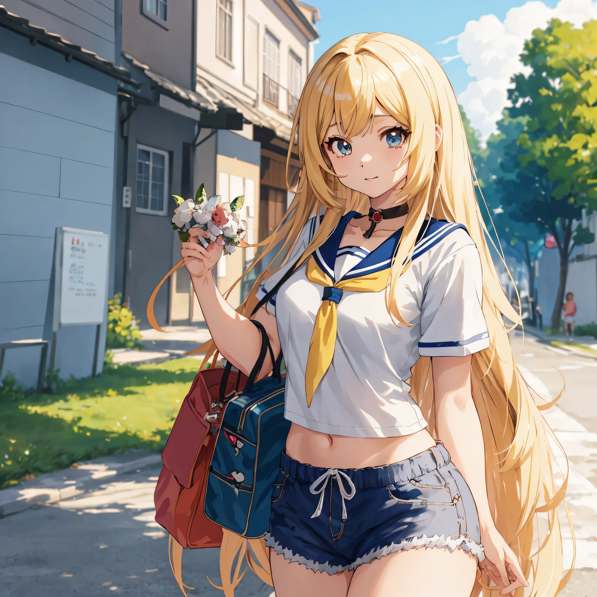 Anime girl with long blonde hair and blue shorts holding a flower ...