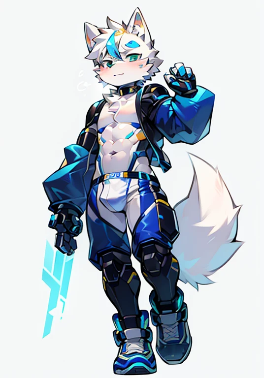 Shota the white fox wearing a gel suit，cyborg，bulge，full body - SeaArt AI