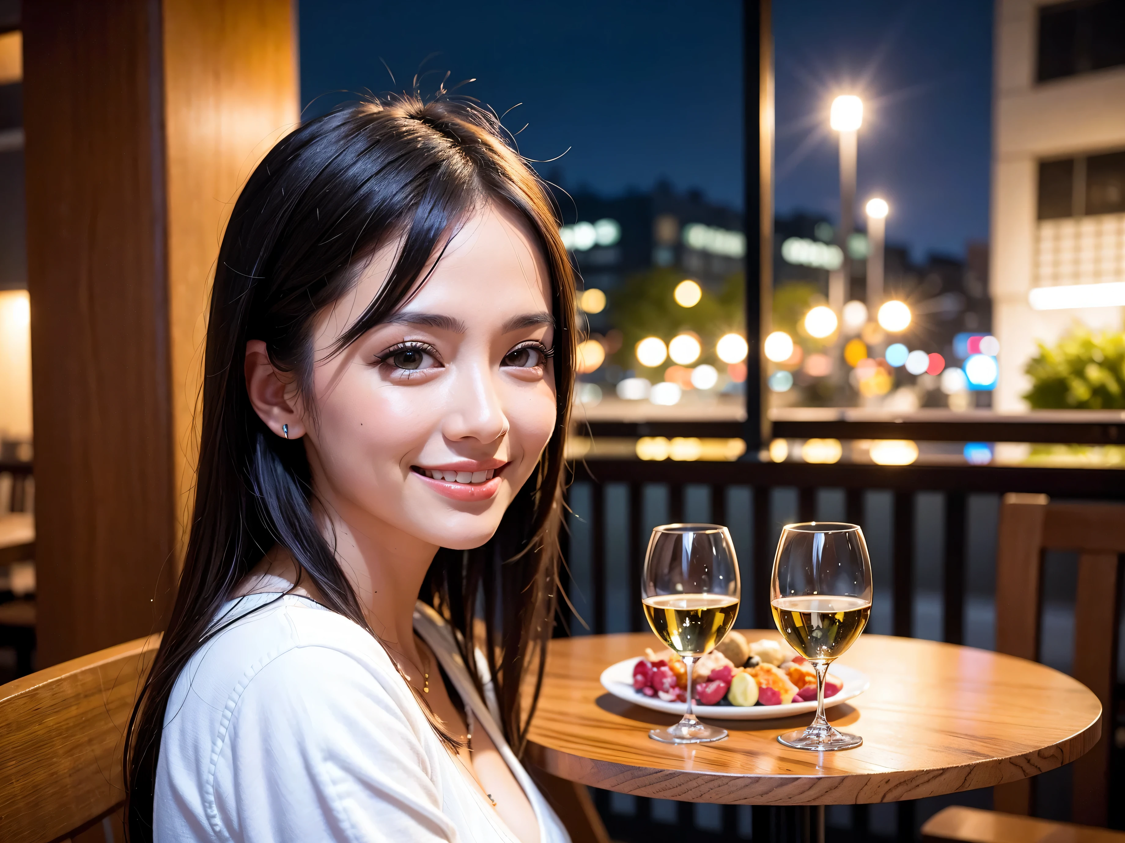 There is a woman sitting at a table with two glasses of wine - SeaArt AI