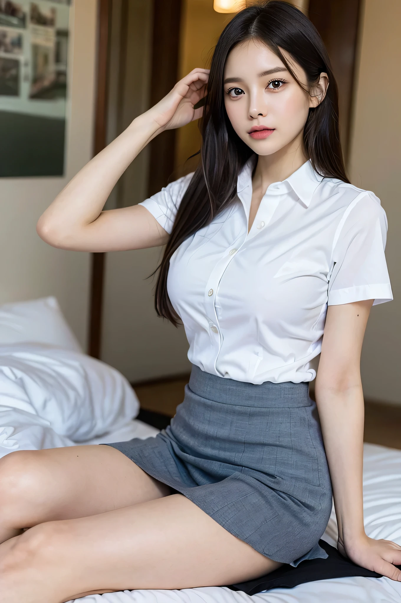 Arafed asian woman in a short skirt sitting on a bed - SeaArt AI