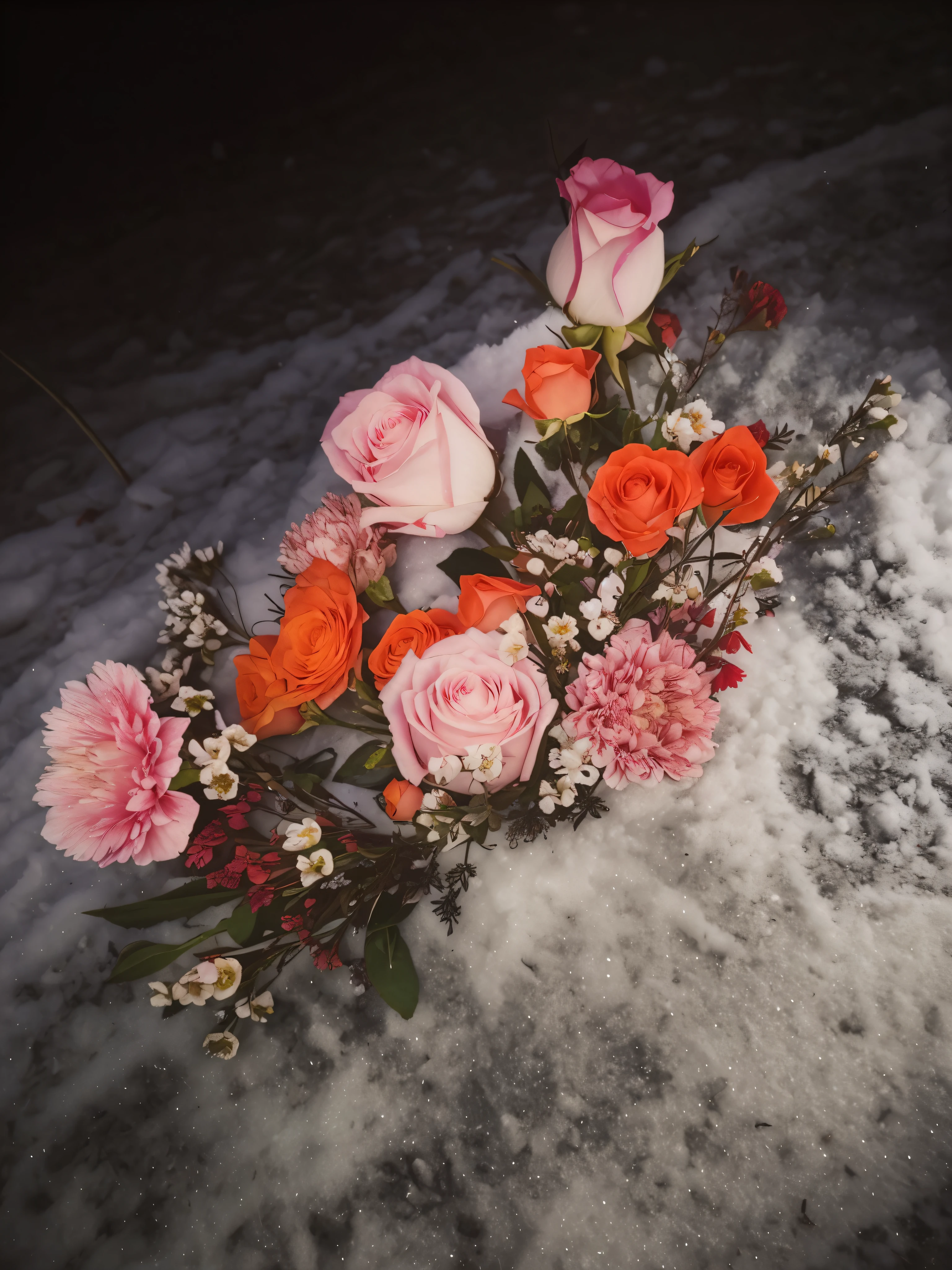 There is a bouquet of flowers that is laying in the snow - SeaArt AI