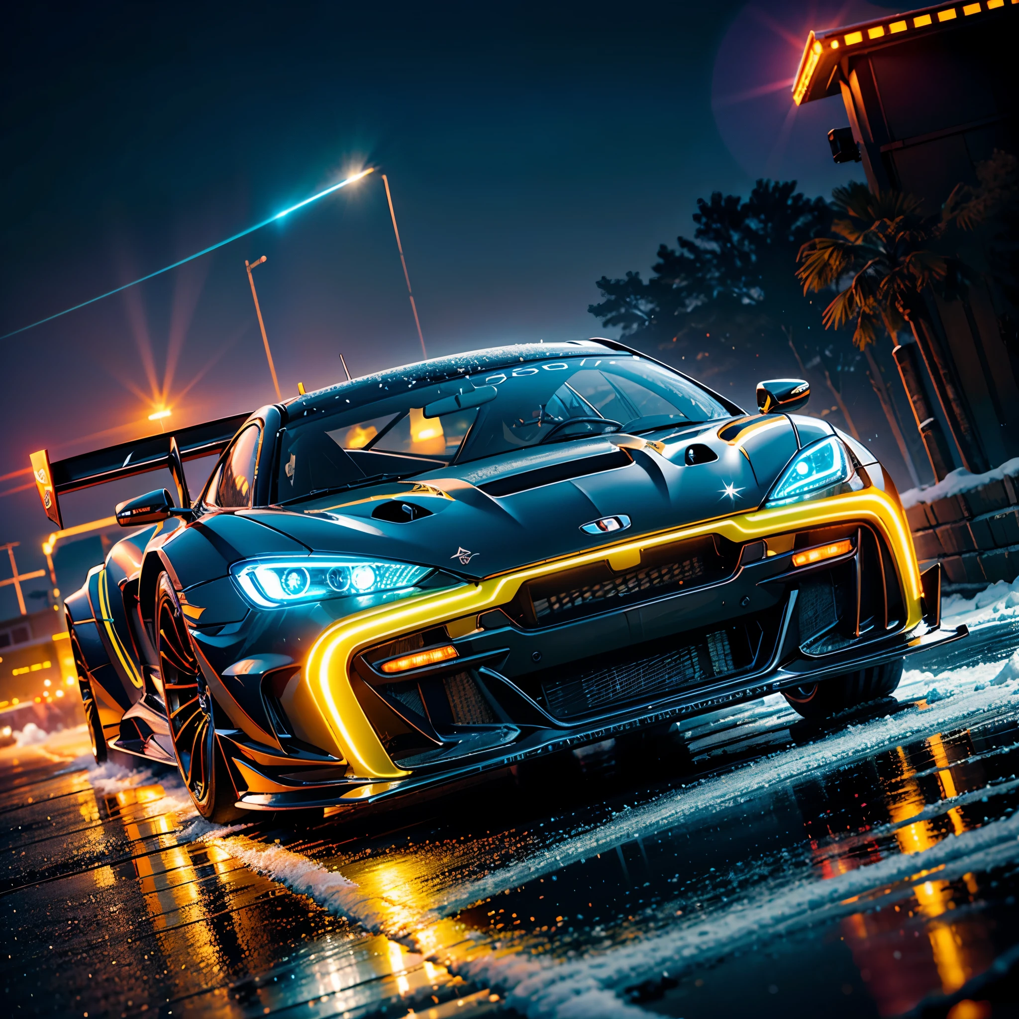 A blue sports car driving down a wet road at night - SeaArt AI