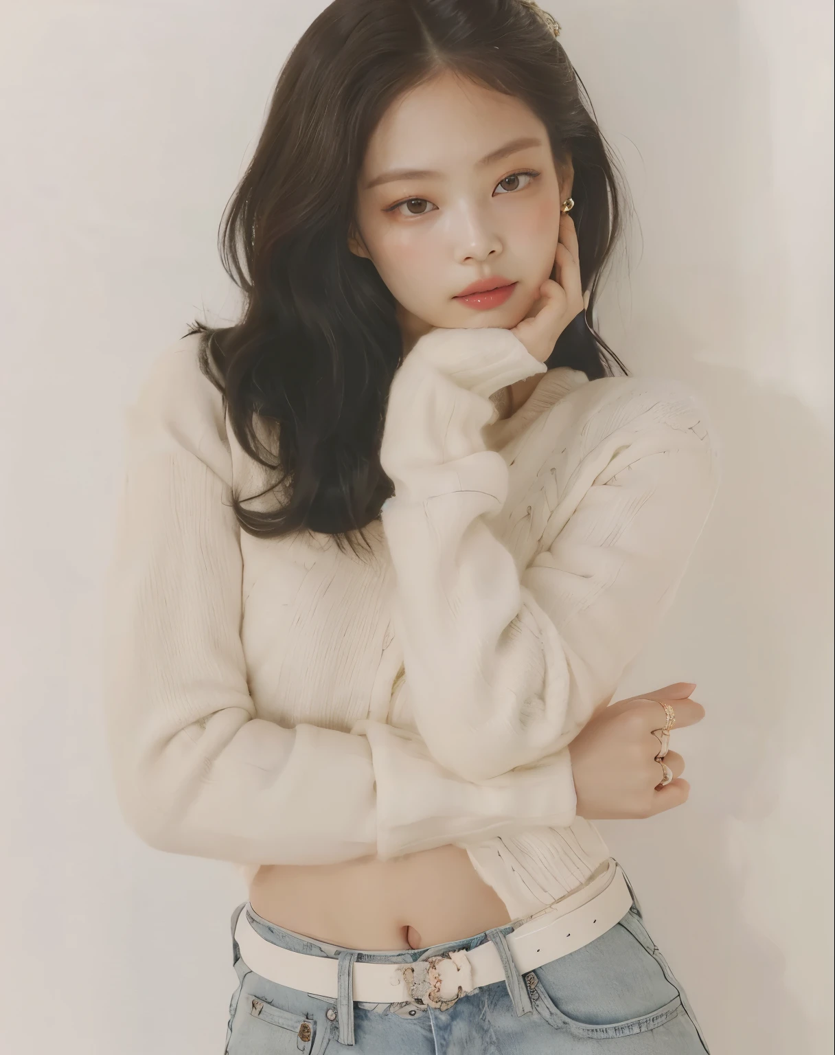 A woman in a white sweater and jeans posing for a picture - SeaArt AI