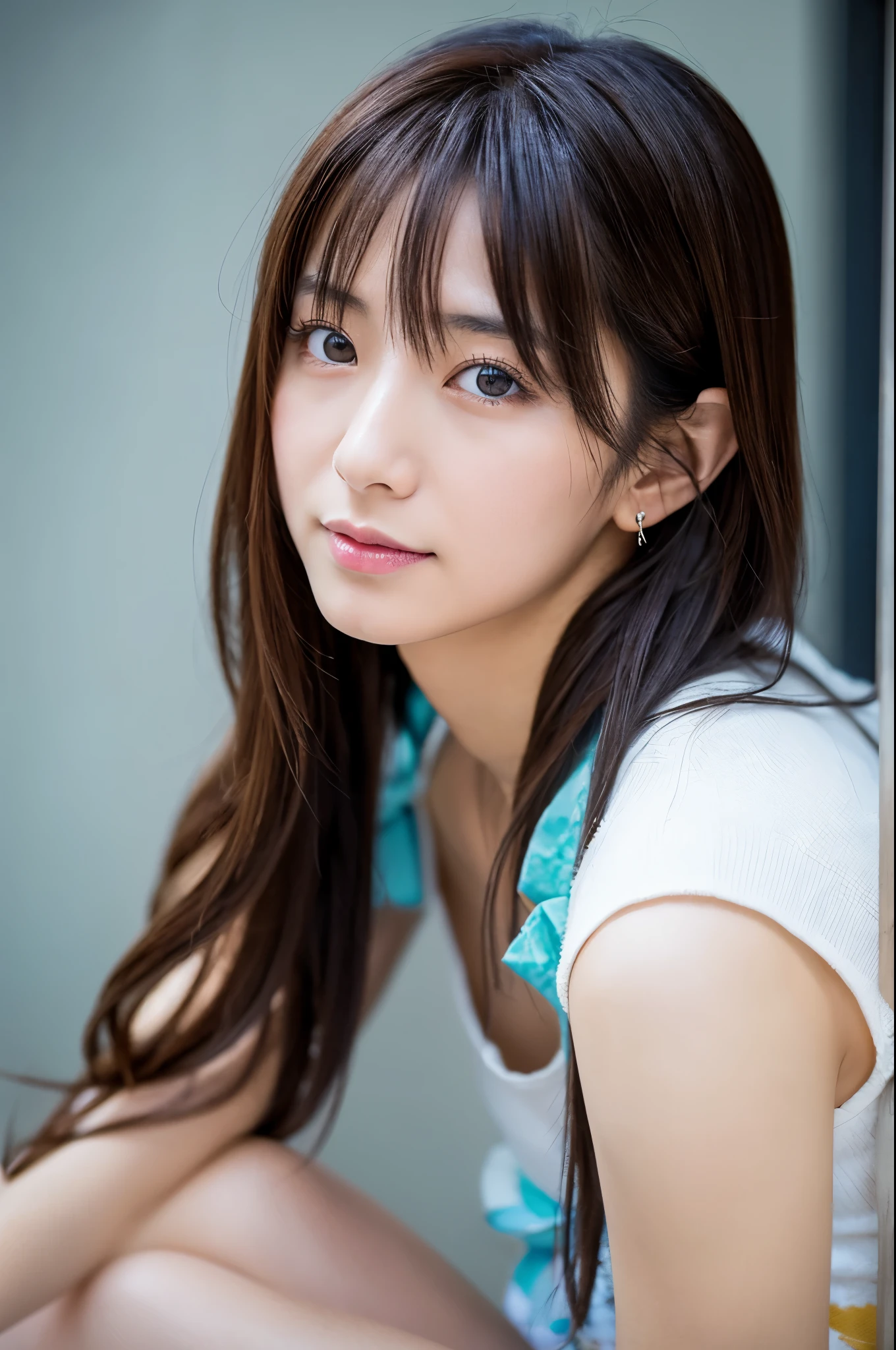 A close up of a woman sitting on a ledge with a cell phone - SeaArt AI