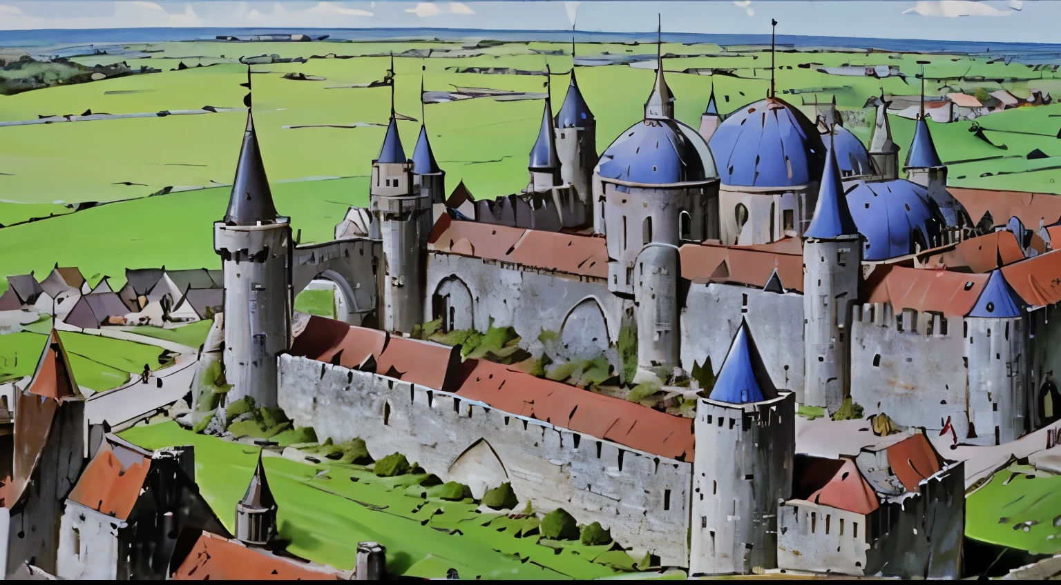 There is a painting of a castle with a blue roof - SeaArt AI