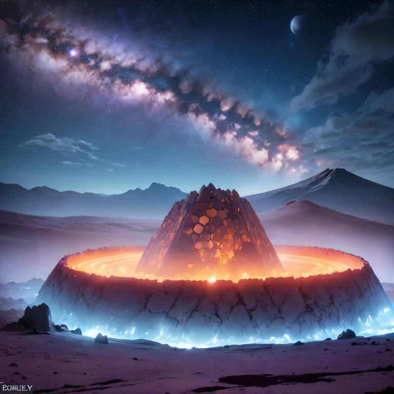 A large volcano with a bright light on top of it - SeaArt AI