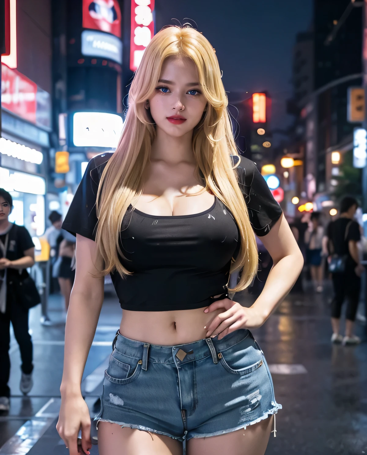 Araffe girl in a black top and denim shorts posing for a picture - SeaArt AI