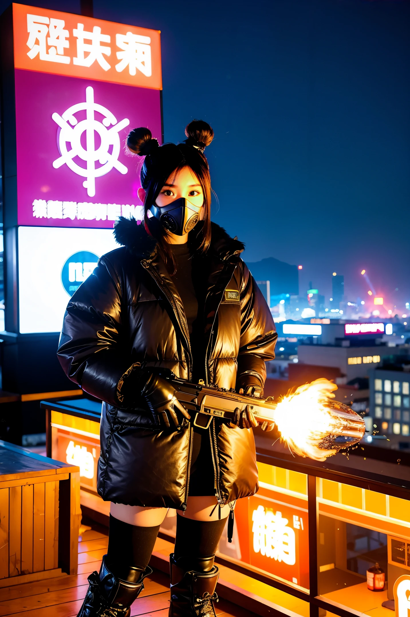 Woman in black leather jacket holding a fire with a city in the ...