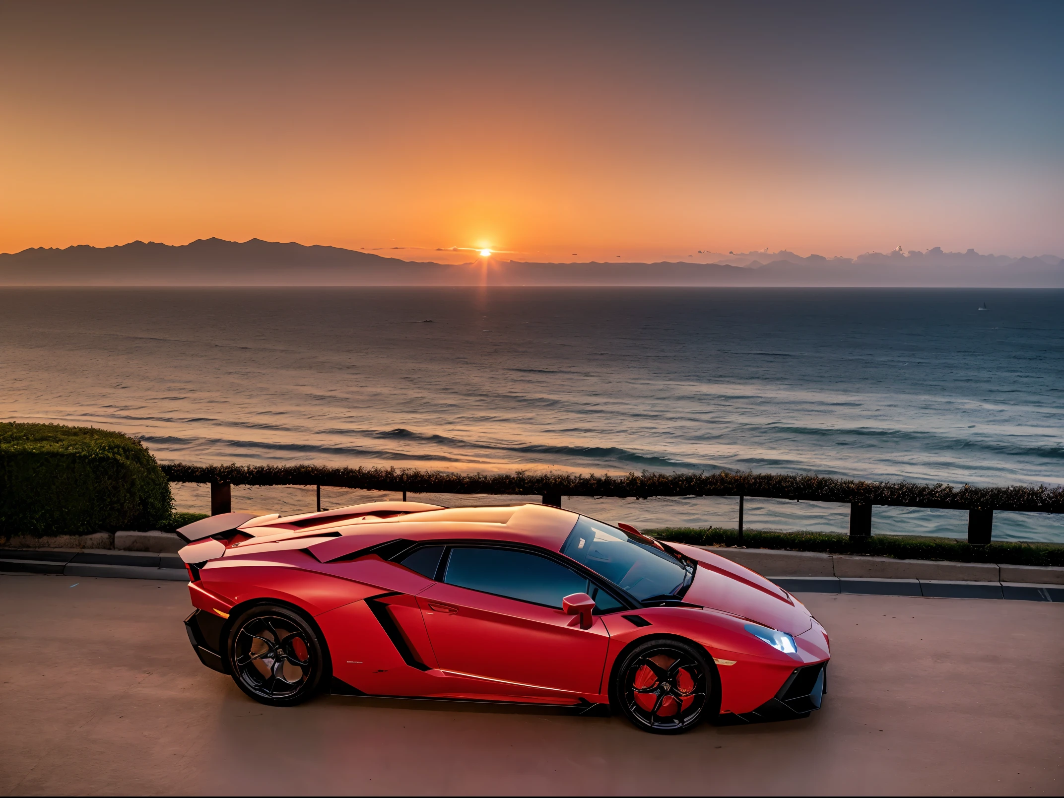A close up of a red sports car parked on a road near the ocean - SeaArt AI