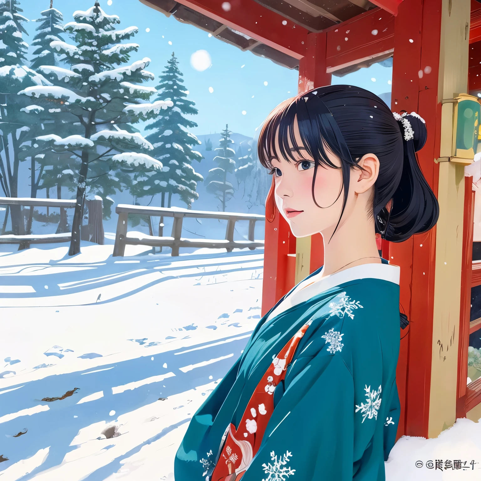 Anime girl in kimono outfit standing in snow covered area - SeaArt AI