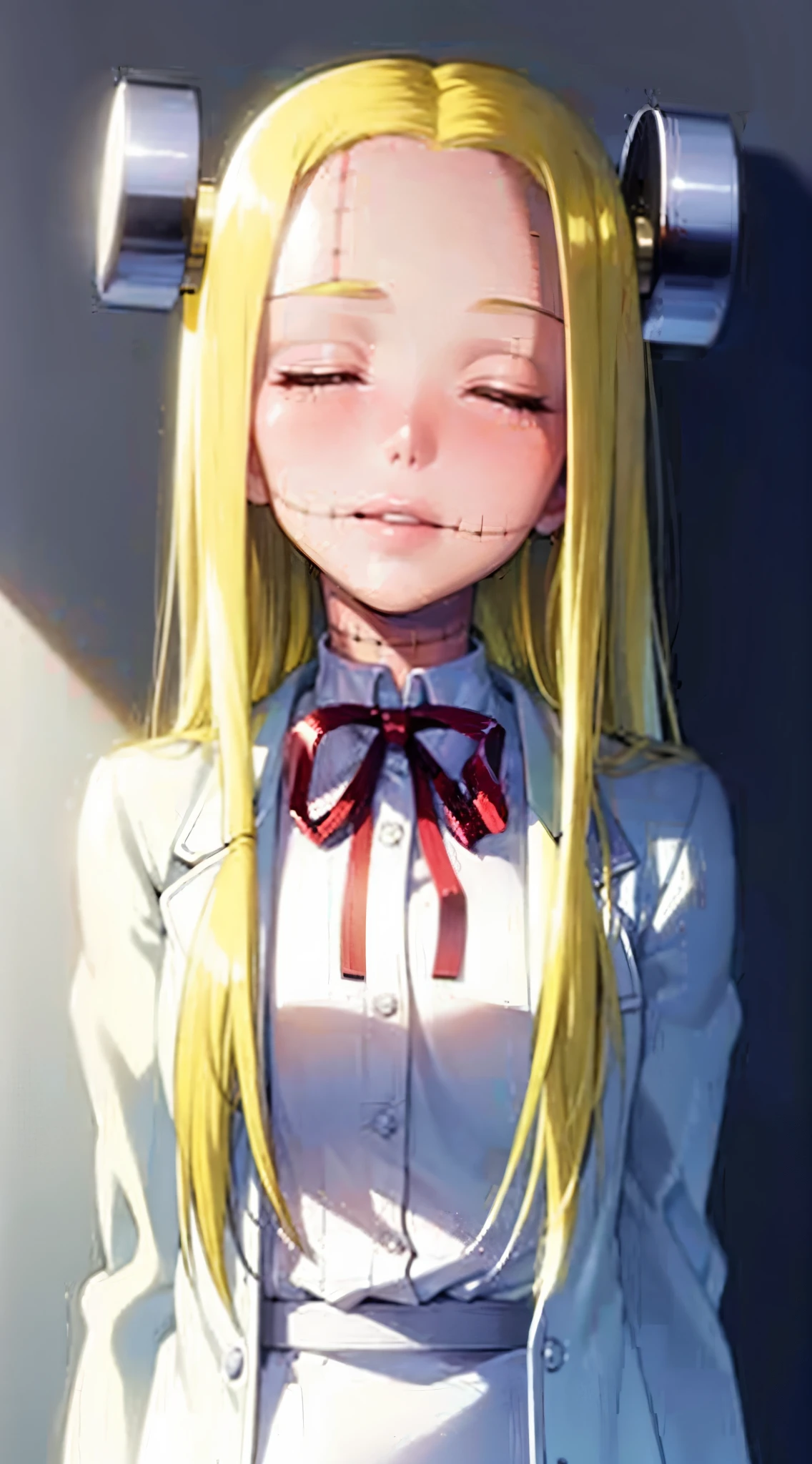 Anime girl with long blonde hair and a white shirt and red bow - SeaArt AI