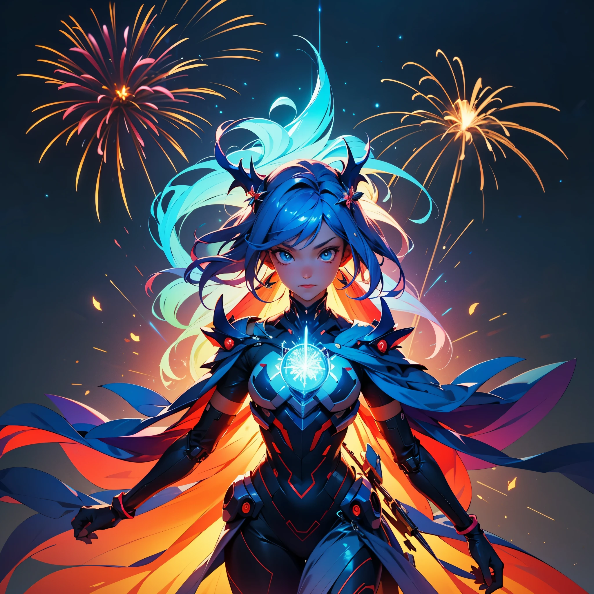 A woman in a blue dress with a sword and fireworks in the background ...