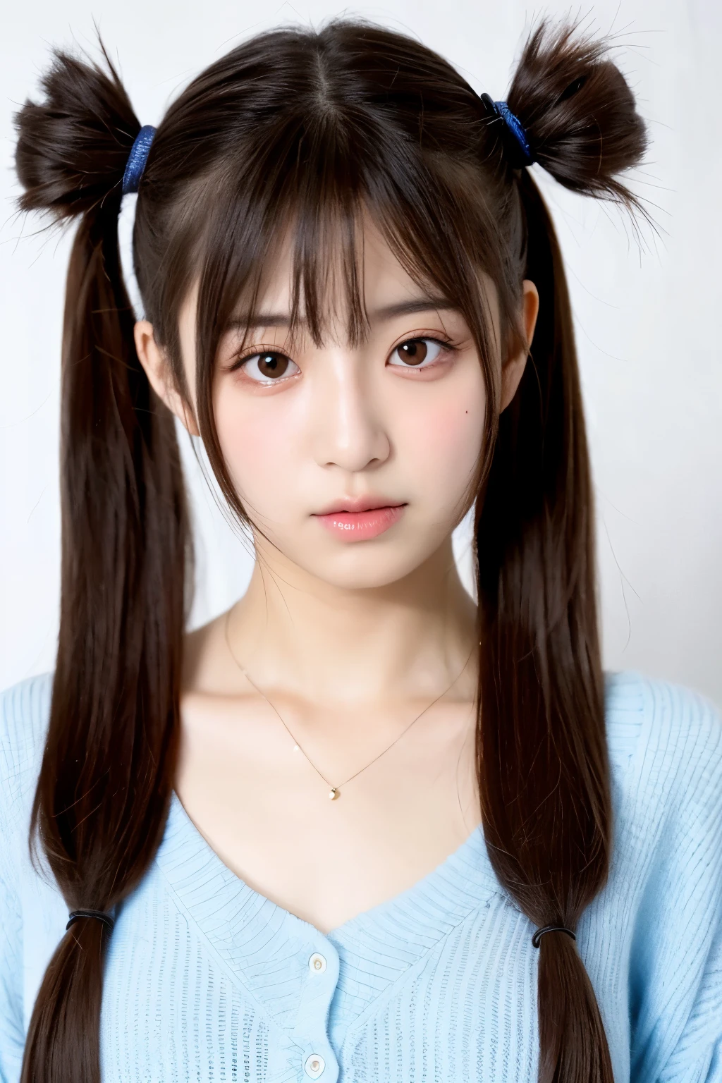 A close up of a woman with long hair wearing a blue sweater - SeaArt AI