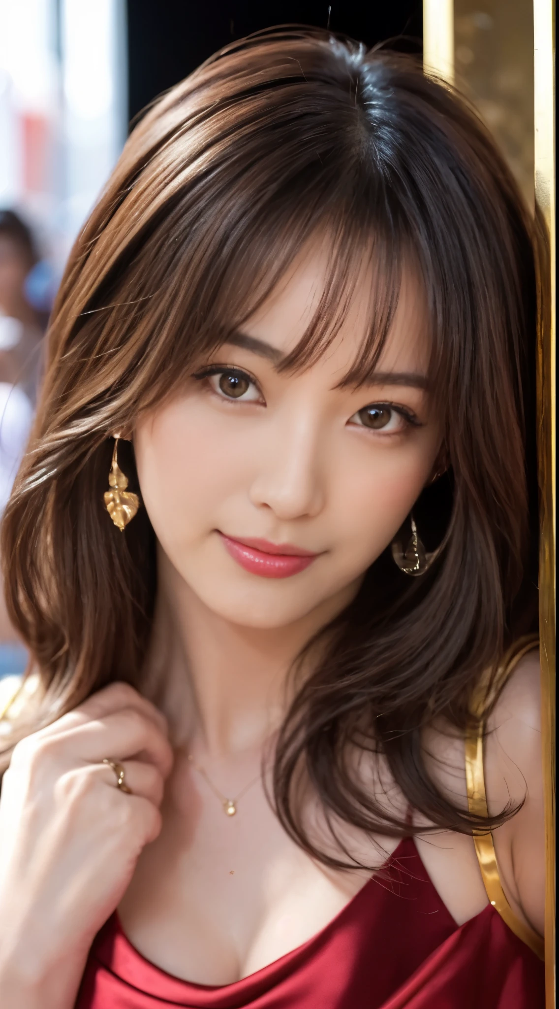 A close up of a woman in a red dress posing for a picture - SeaArt AI