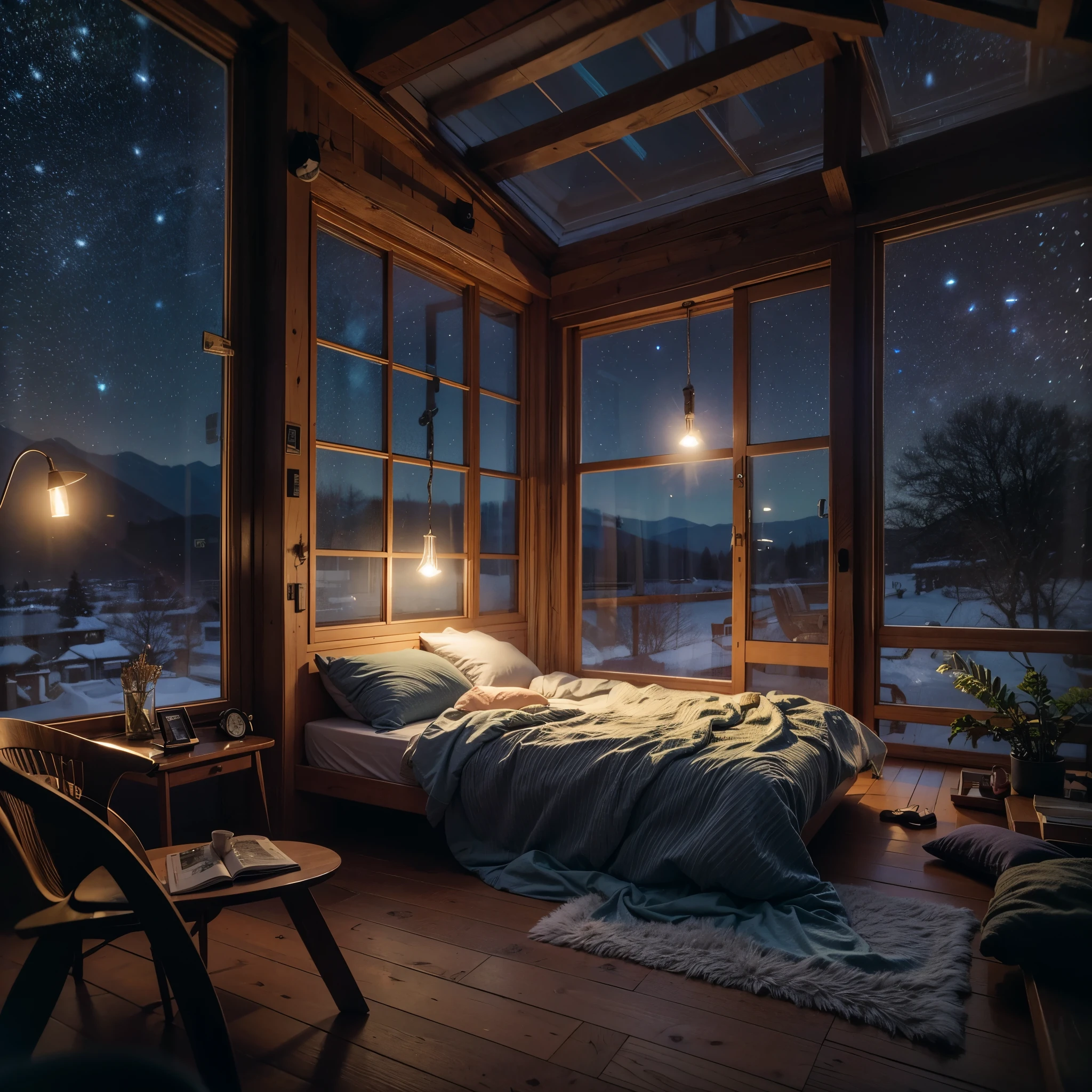 A dimly lit bedroom with a bed and a chair in front of a window - SeaArt AI