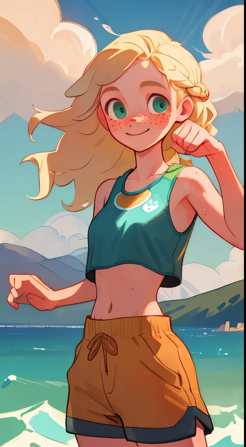 A cartoon girl in a bikini top standing on the beach - SeaArt AI