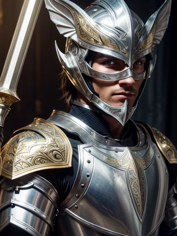 A close up of a man in armor holding a sword, attractive male with ...