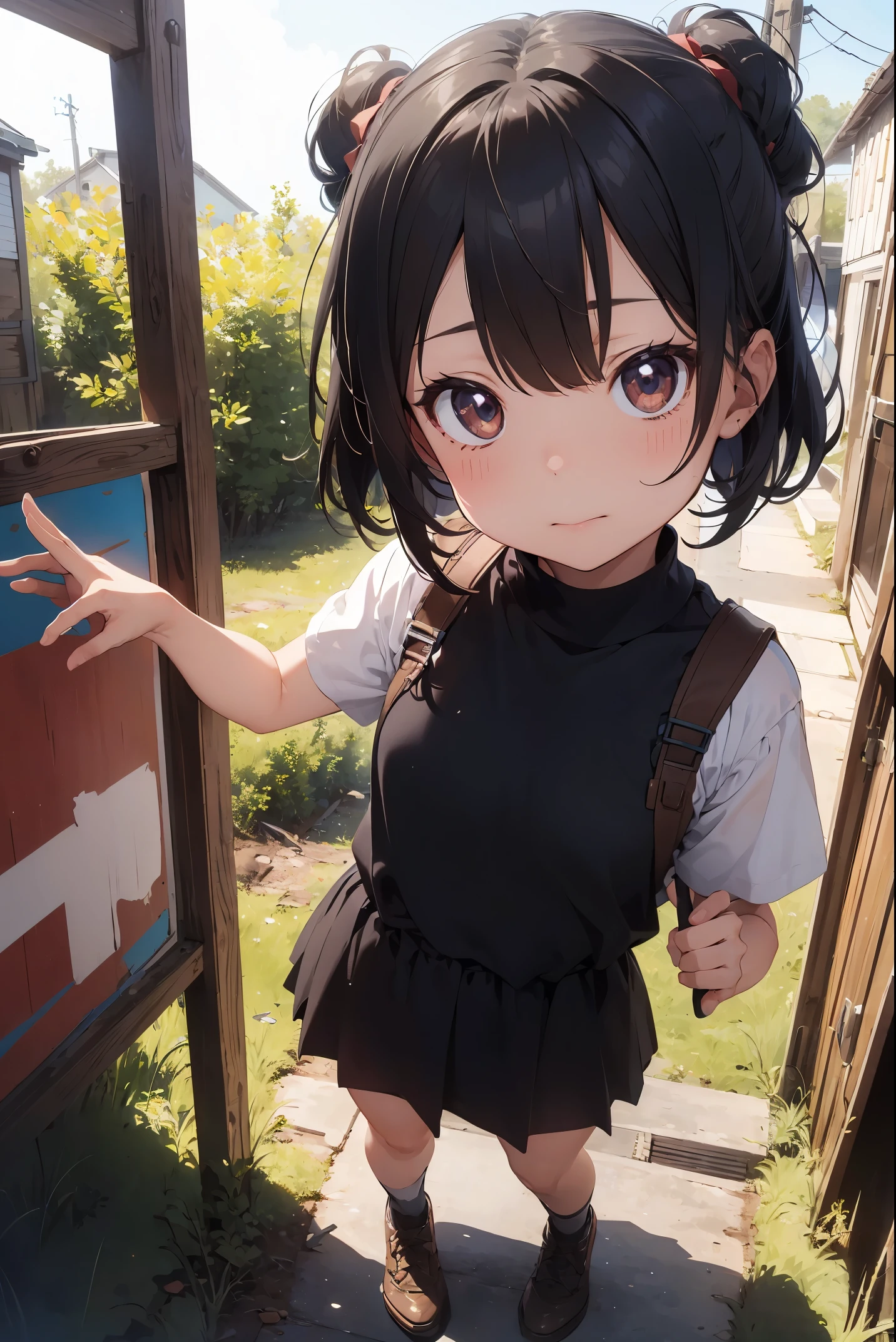 Anime girl in a short dress standing in front of a sign - SeaArt AI