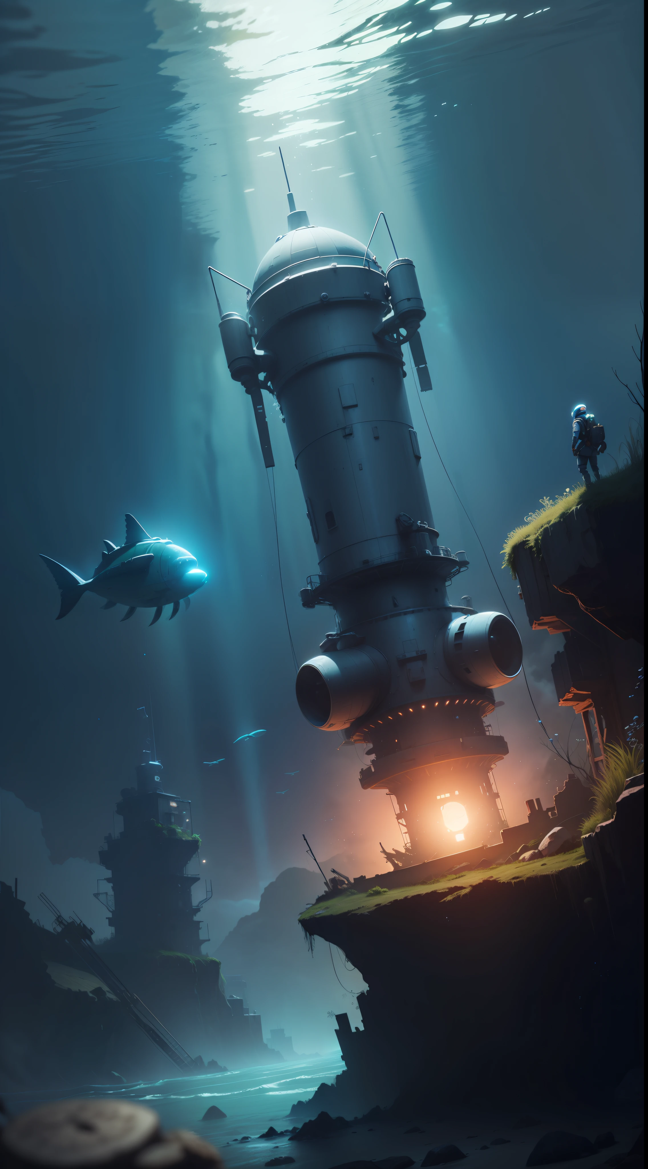 A man standing on a boat in the ocean with a shark - SeaArt AI