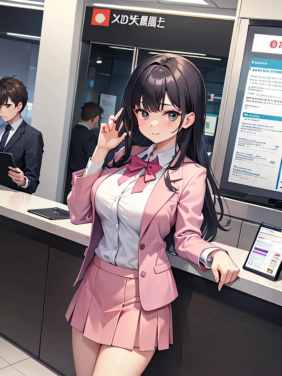 Anime girl in a pink suit standing in front of a counter - SeaArt AI