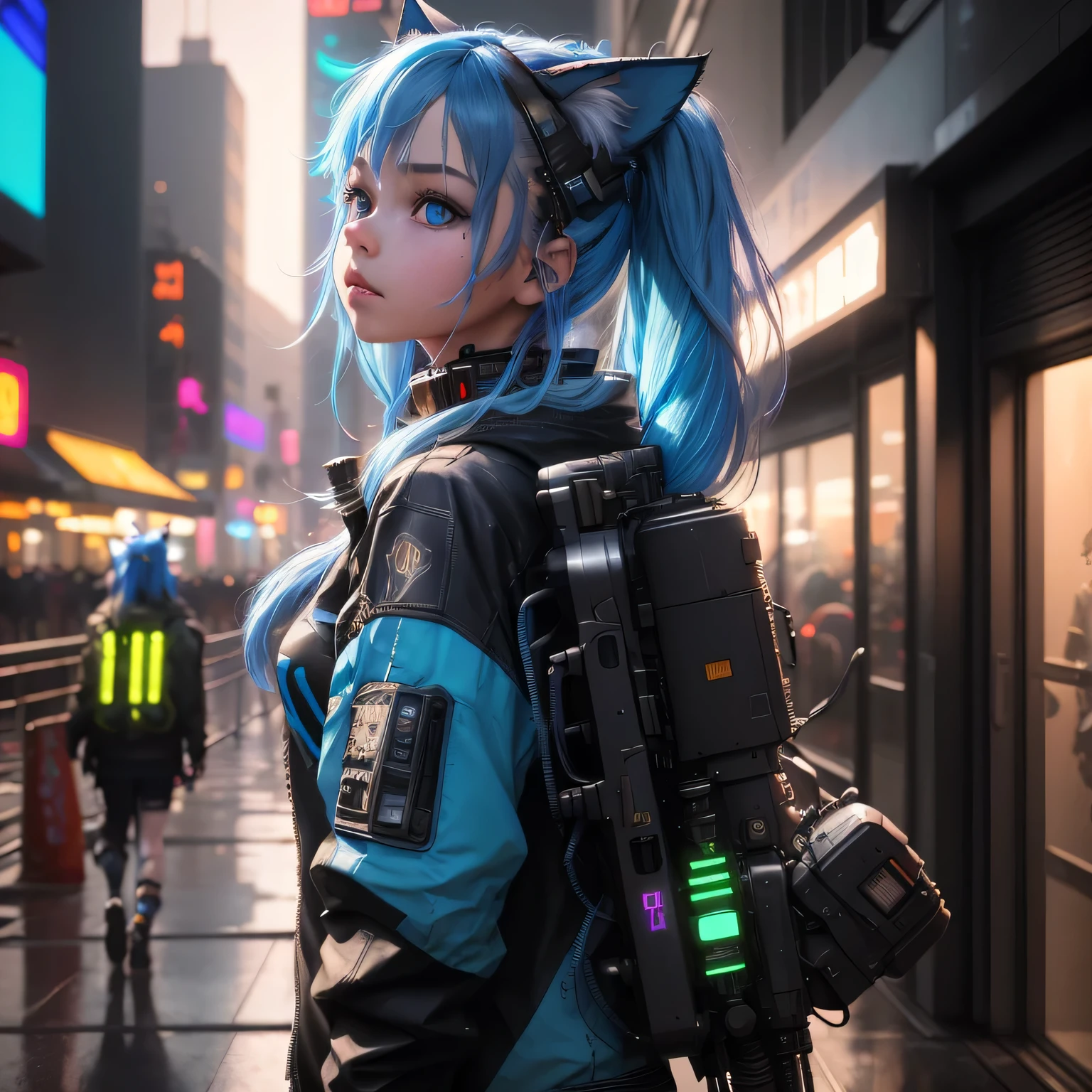 Anime girl with blue hair and a gun in a city - SeaArt AI