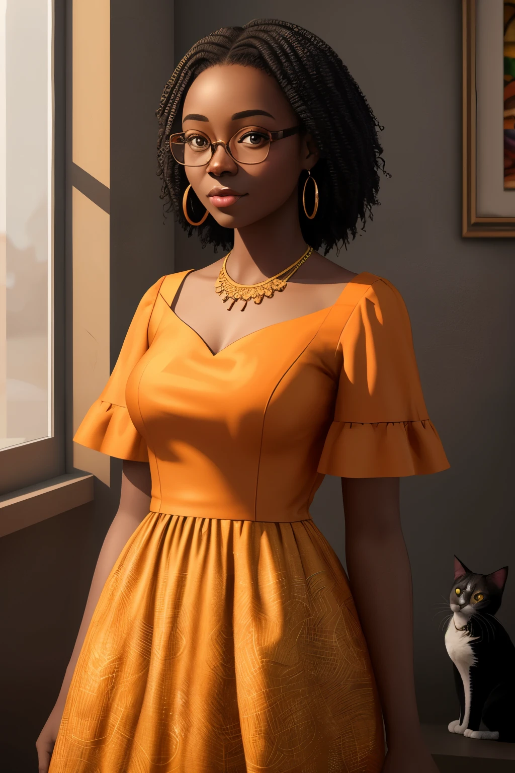 A woman in a yellow dress standing by a window with a cat - SeaArt AI