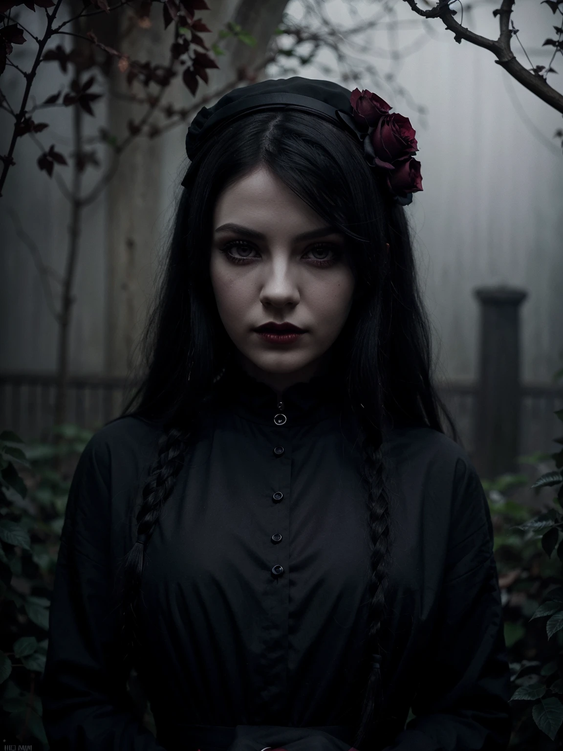 A girl with neo goth style, wearing a black dress and white collar ...