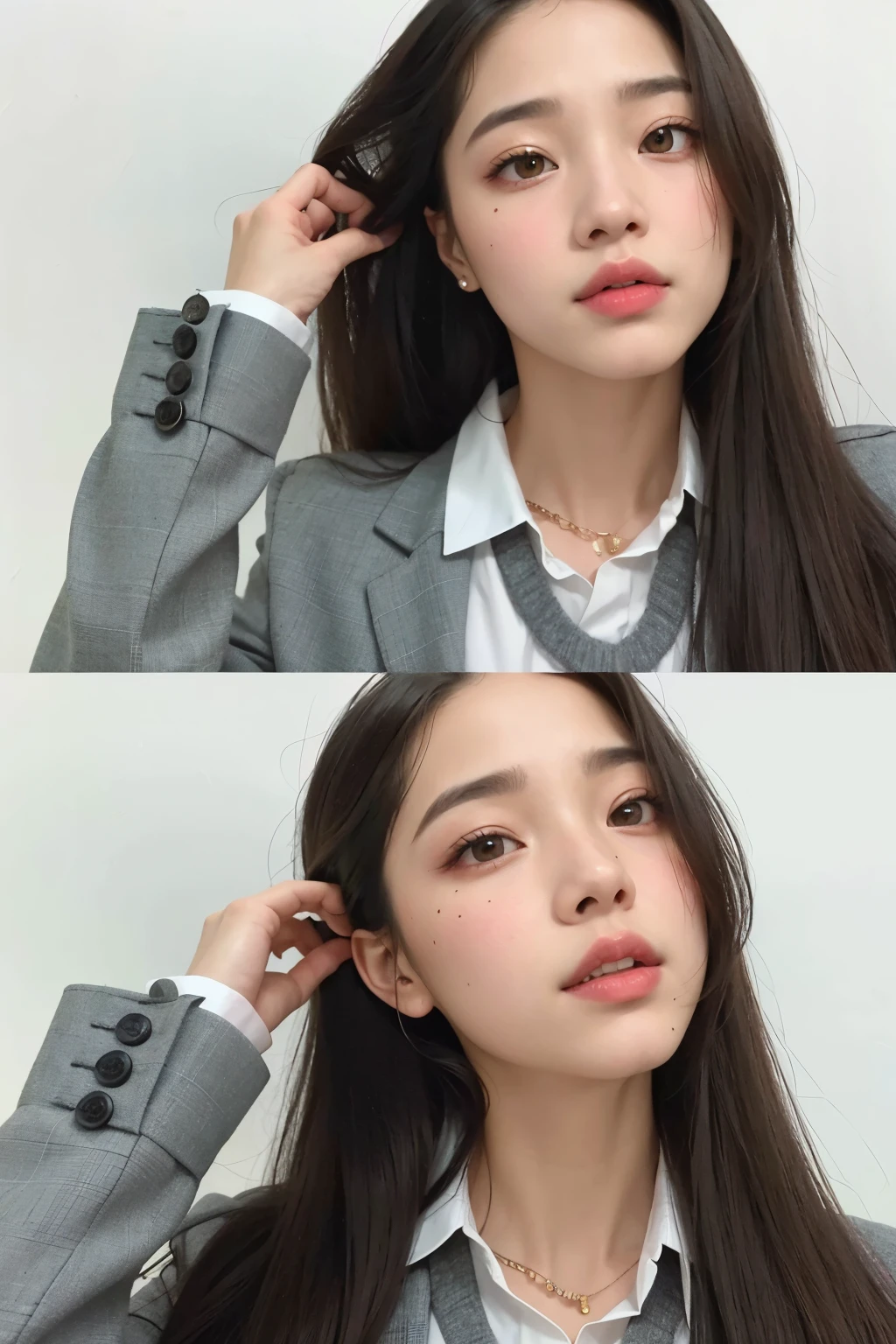 A woman in a suit and tie is putting on her hair - SeaArt AI