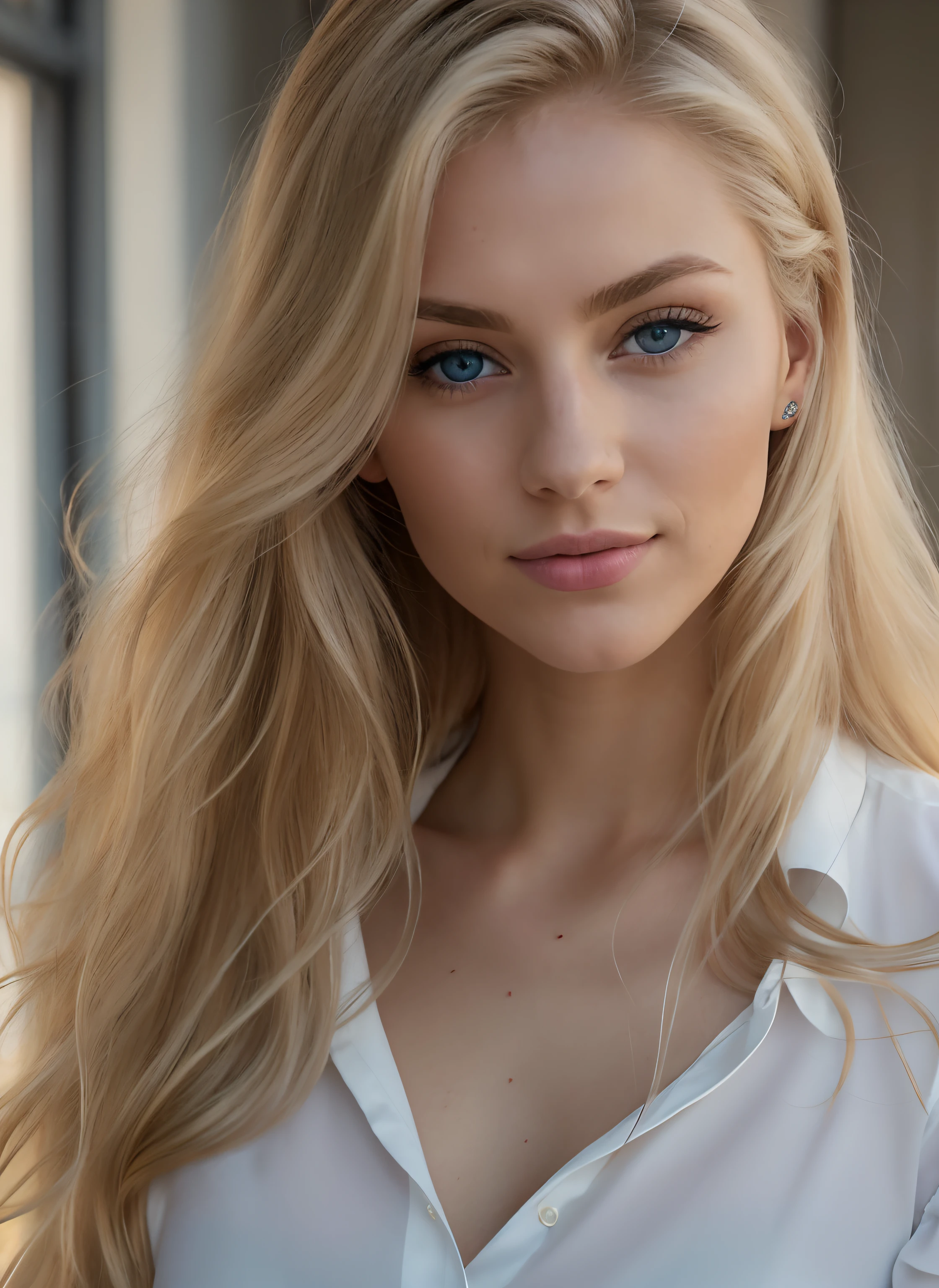 A close up of a woman with long blonde hair and blue eyes - SeaArt AI