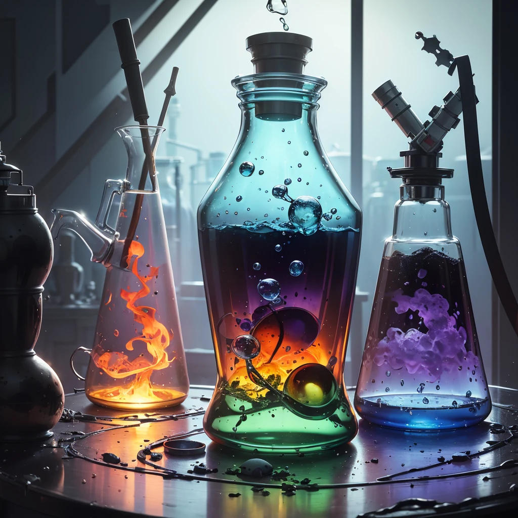 Aboratory,glass flask,frontview,dirty table,sience,experimental setup ...