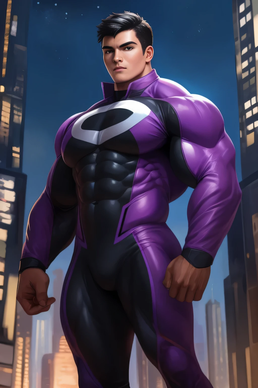 A man in a purple suit standing in front of a city - SeaArt AI