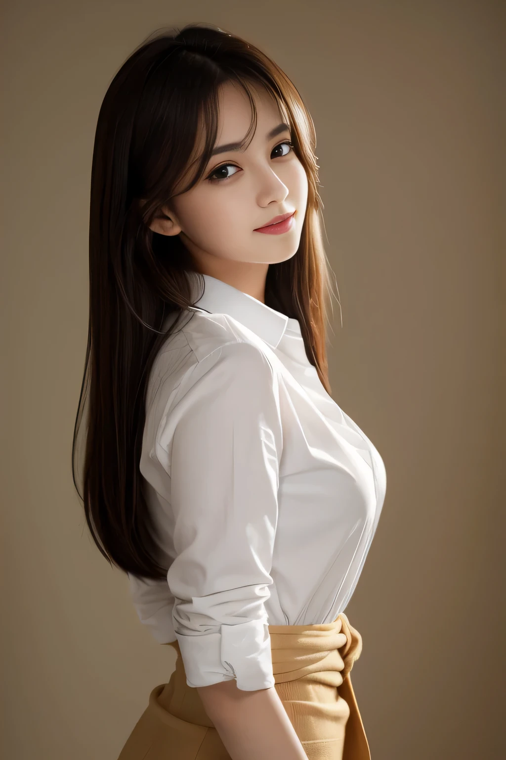 A woman in a white shirt and tan skirt posing for a picture - SeaArt AI