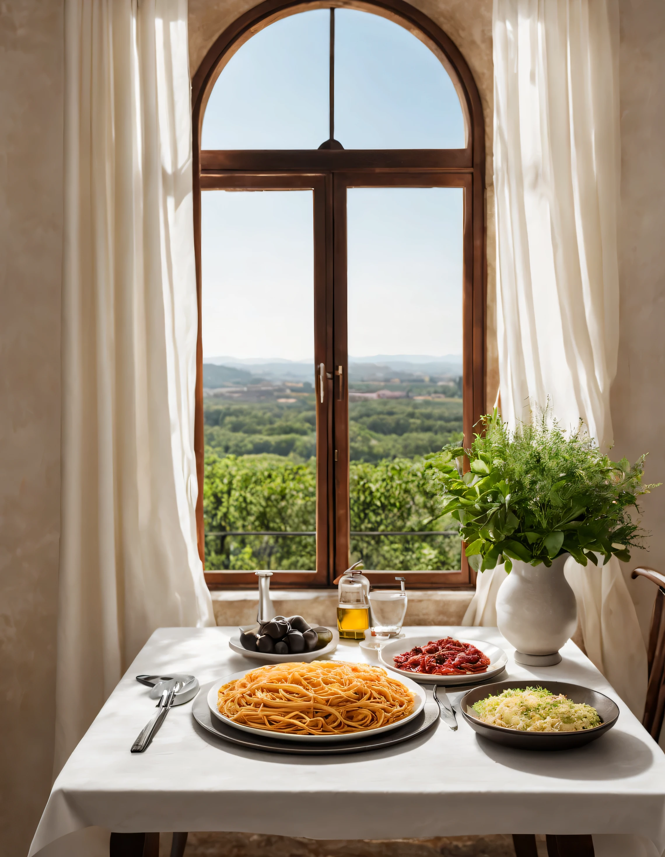 A close up of a table with a plate of food and a vase of flowers ...