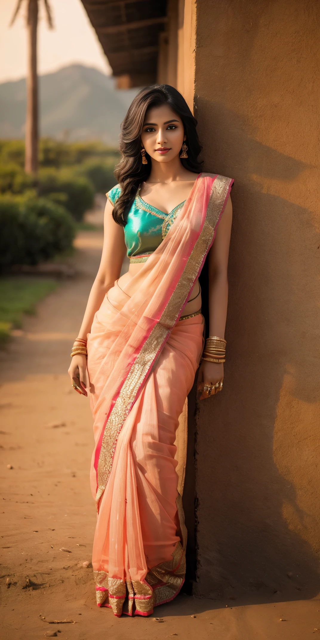 A woman in a pink sari leaning against a wall - SeaArt AI
